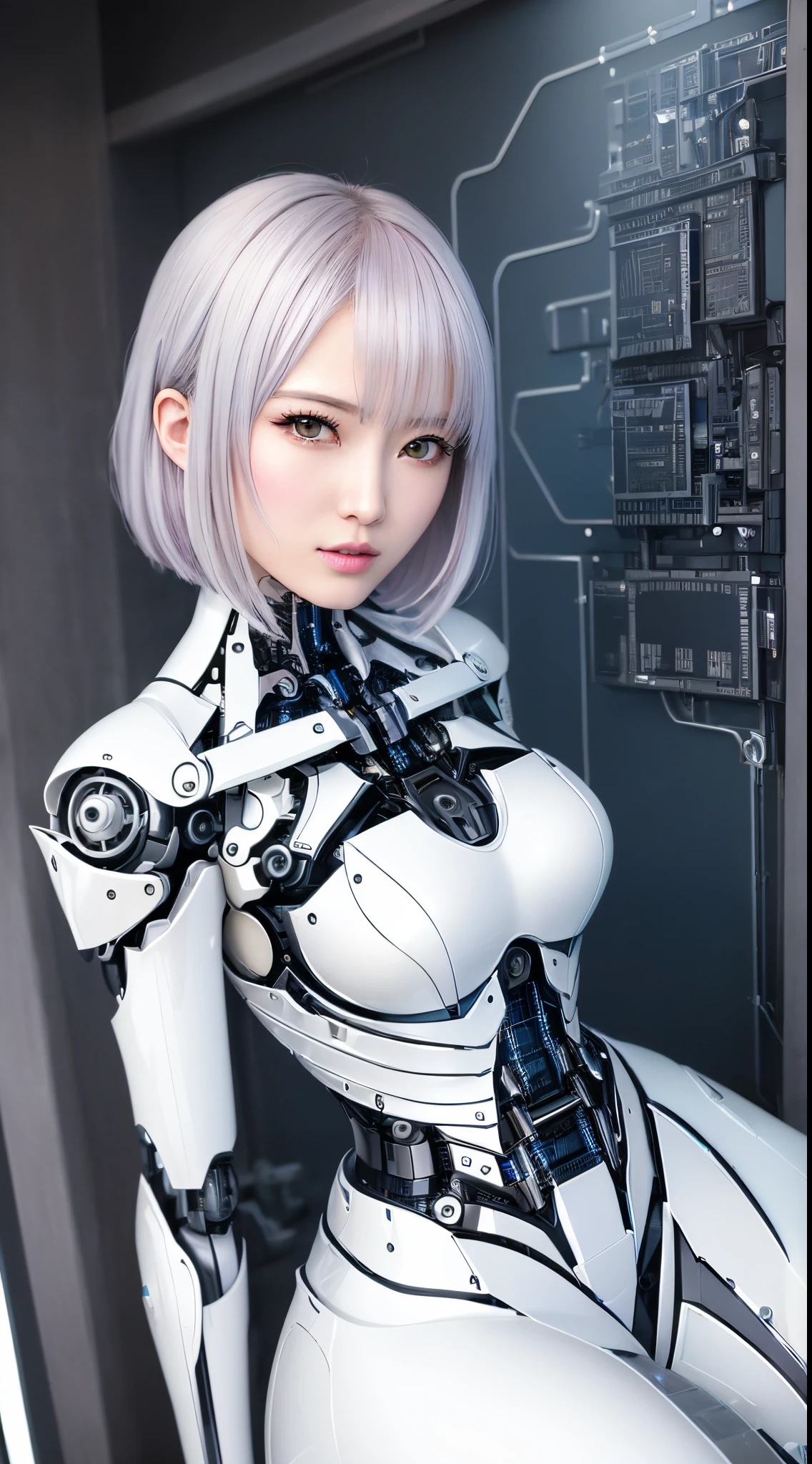 A close up of a woman in a white suit with a robot on her chest - SeaArt AI