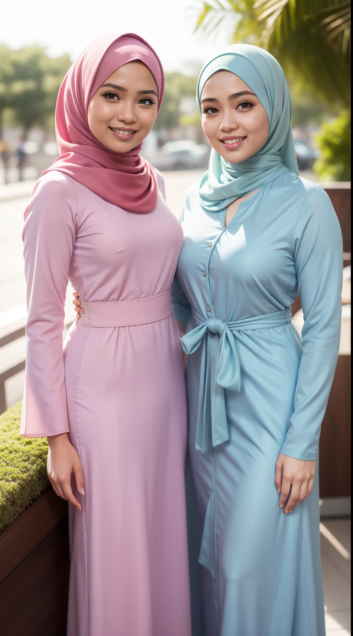 Two women in hijabs pose for a picture on a balcony - SeaArt AI