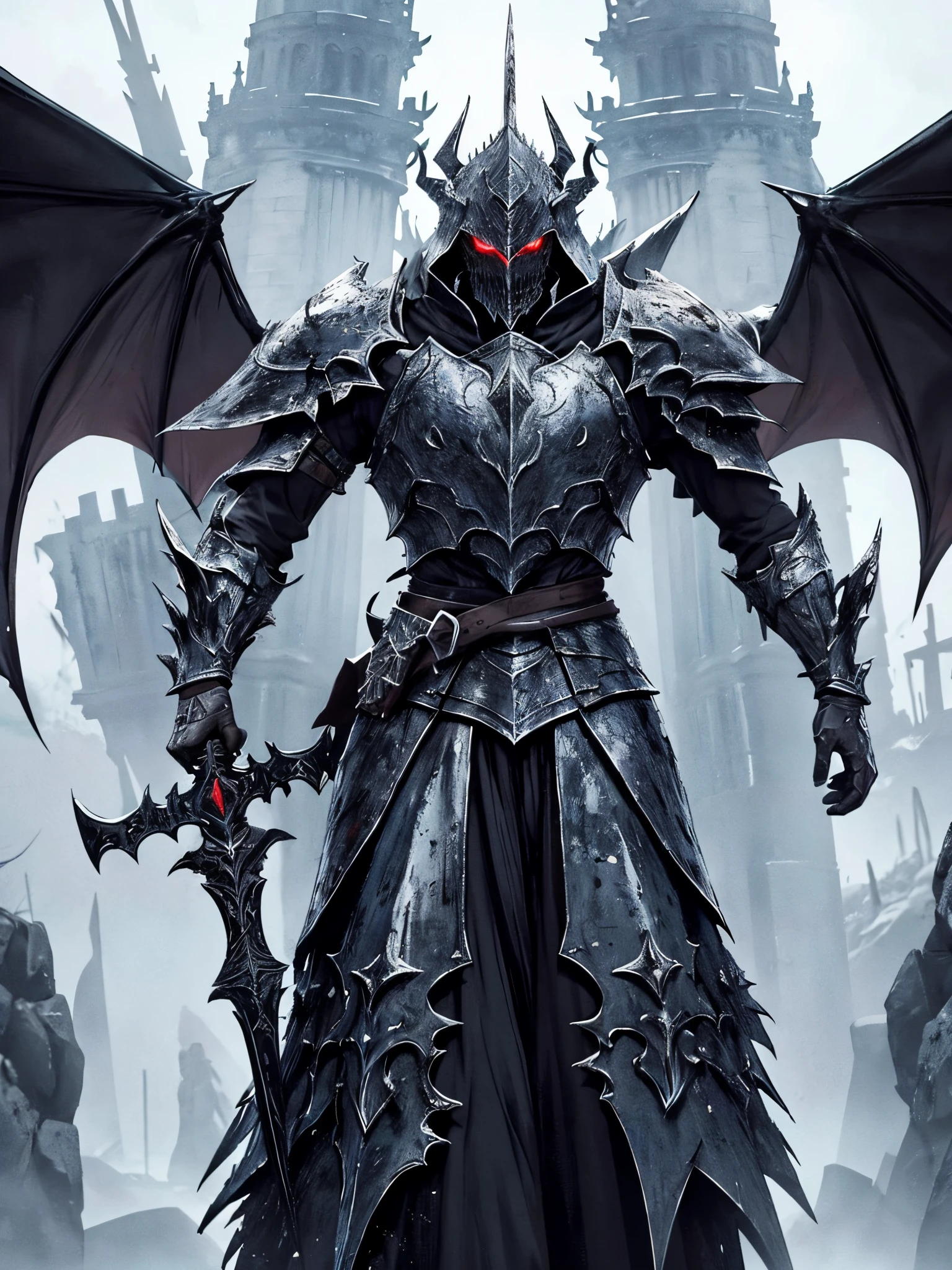 A man in armor with a sword and a large demon - SeaArt AI