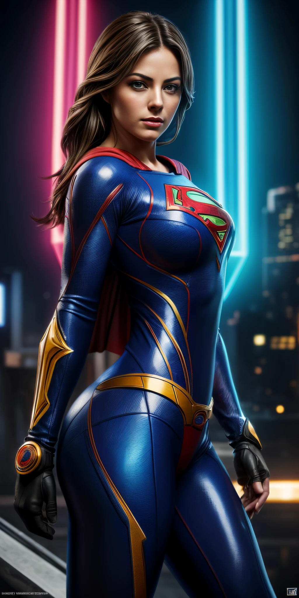 A woman in a blue suit and red cape standing on a city street - SeaArt AI