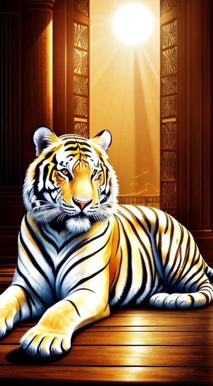 Golden zodiac white tiger, There is a full sun in the background ...