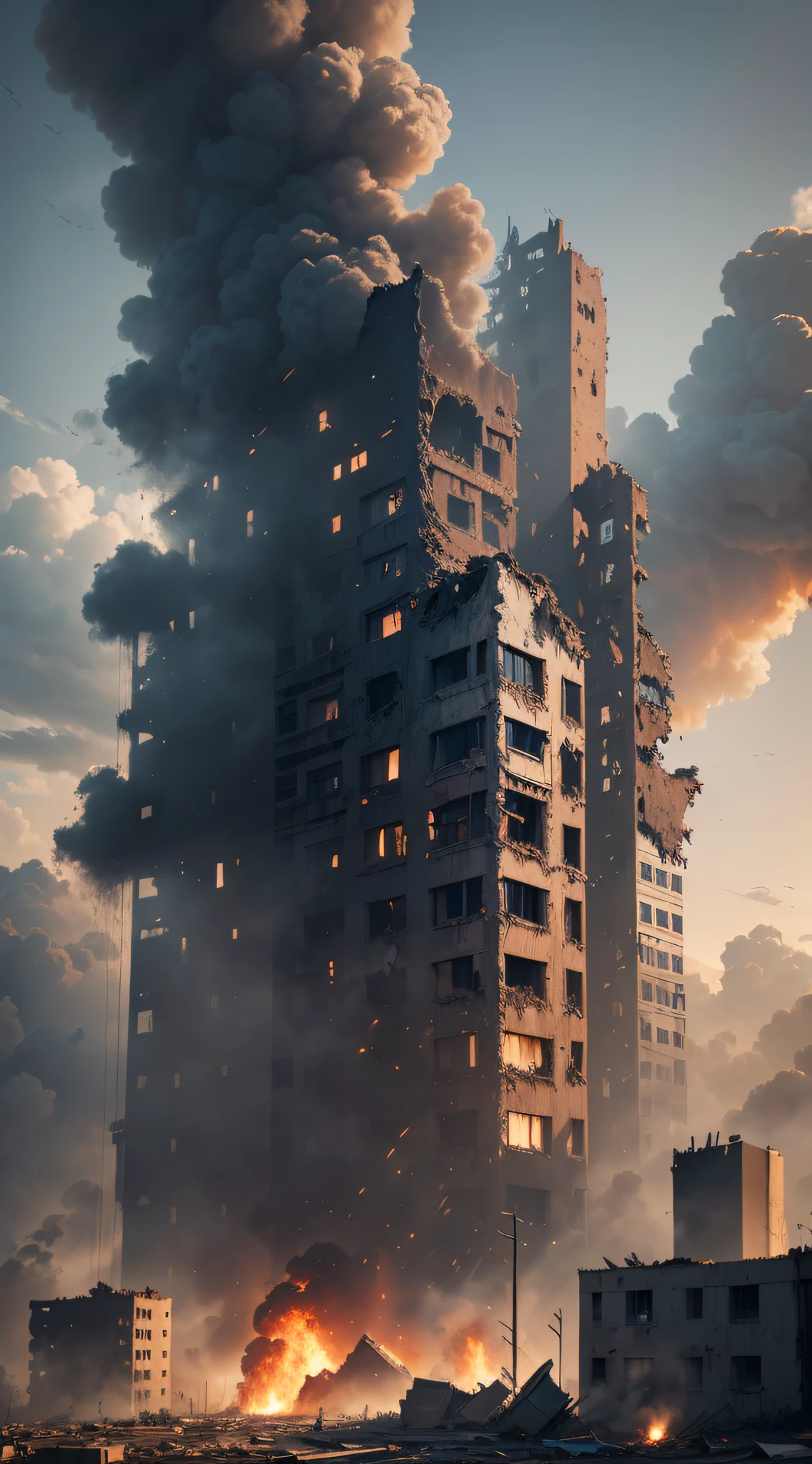 A large building with smoke coming out of it in the middle of a city ...