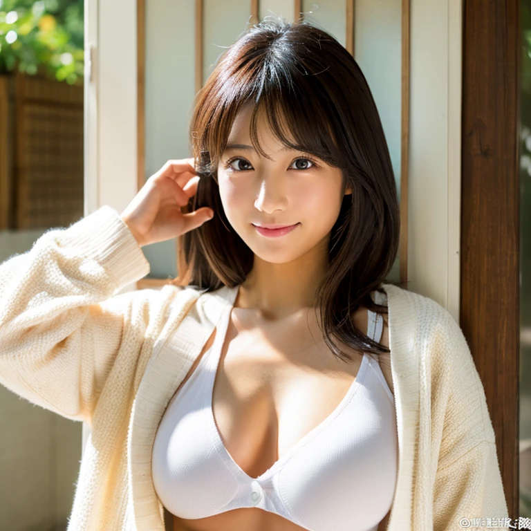 A cute Japanese woman、Breast E Cup、white shirt、cardigan - SeaArt AI