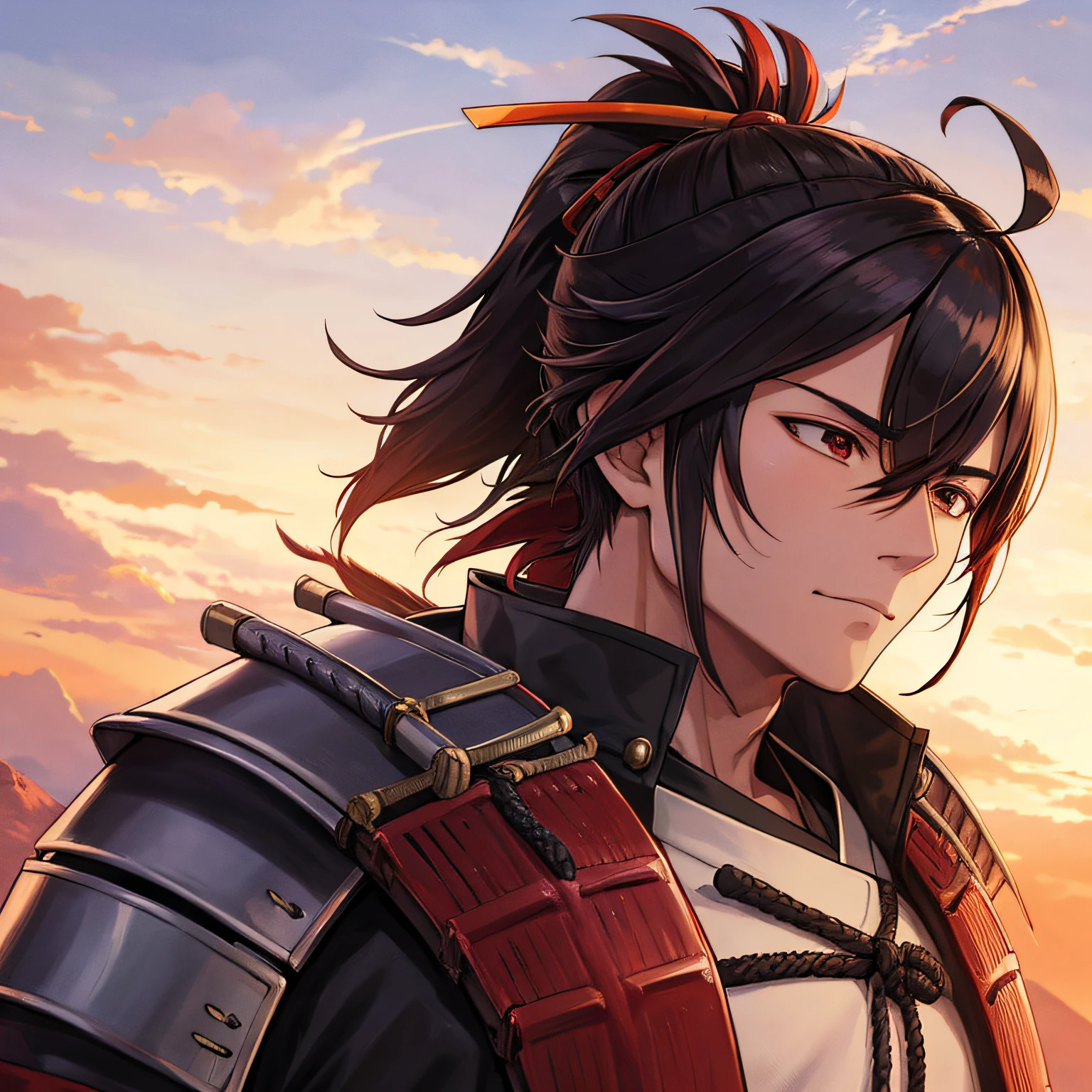 A close up of a person with a sword and a red jacket - SeaArt AI