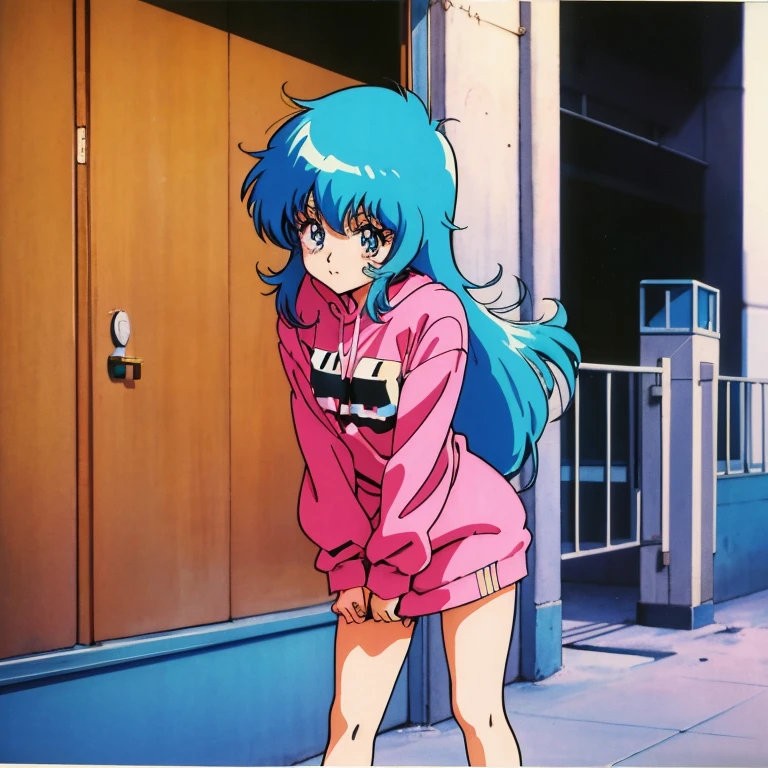 Anime girl in pink hoodie leaning against a door, 80s anime ova style ...