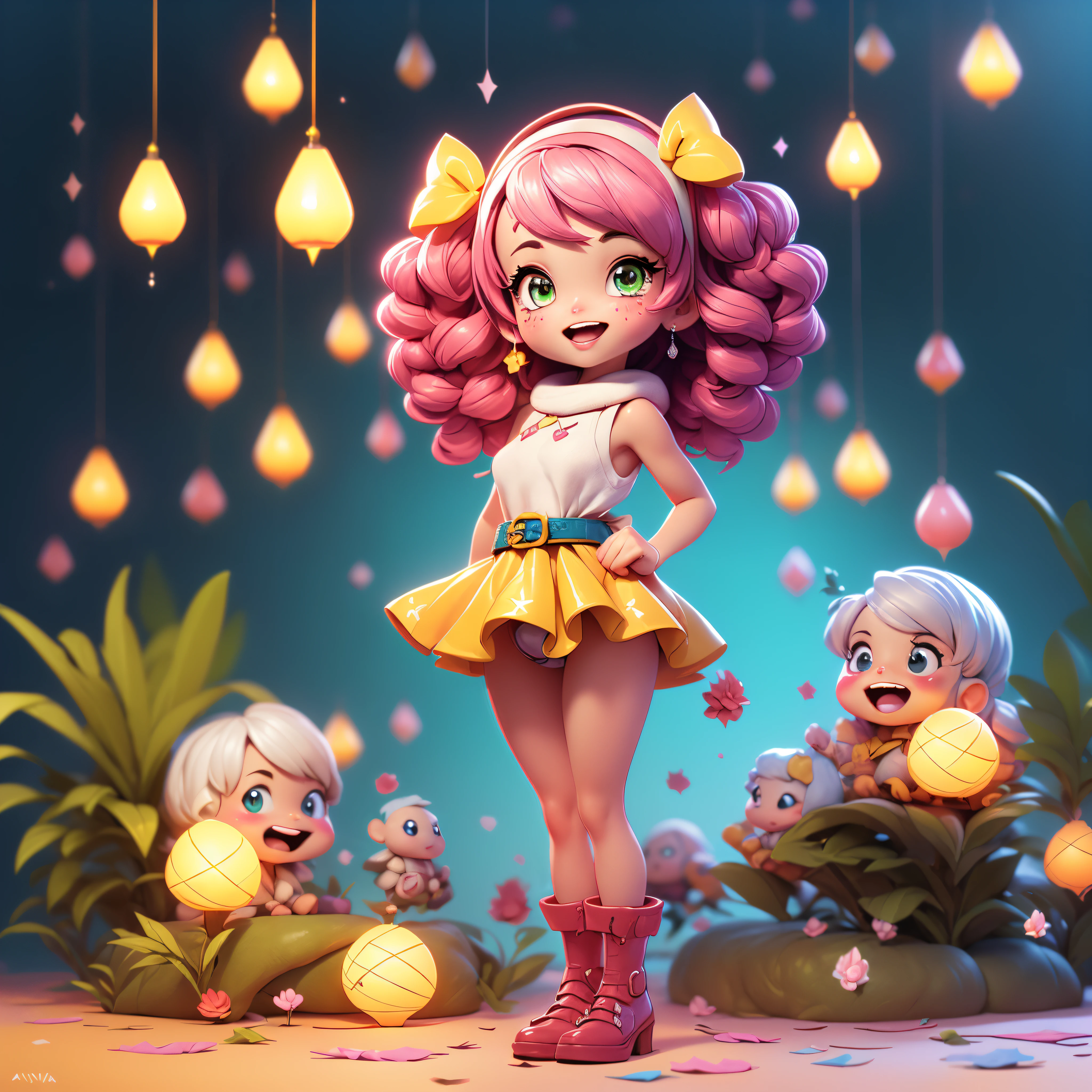A cartoon girl with pink hair and a yellow skirt standing in front of a ...