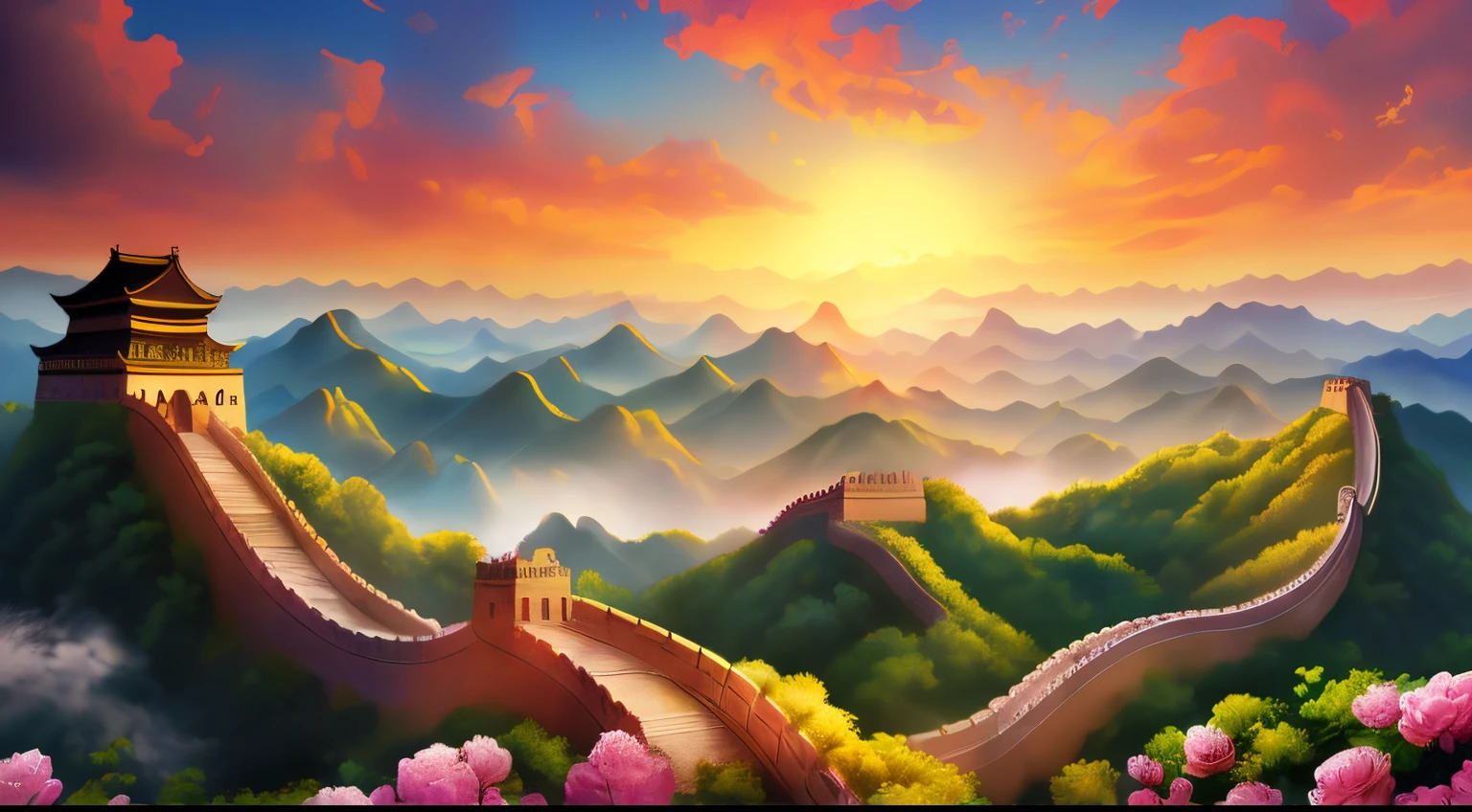 A painting of a great wall with a sunset in the background - SeaArt AI