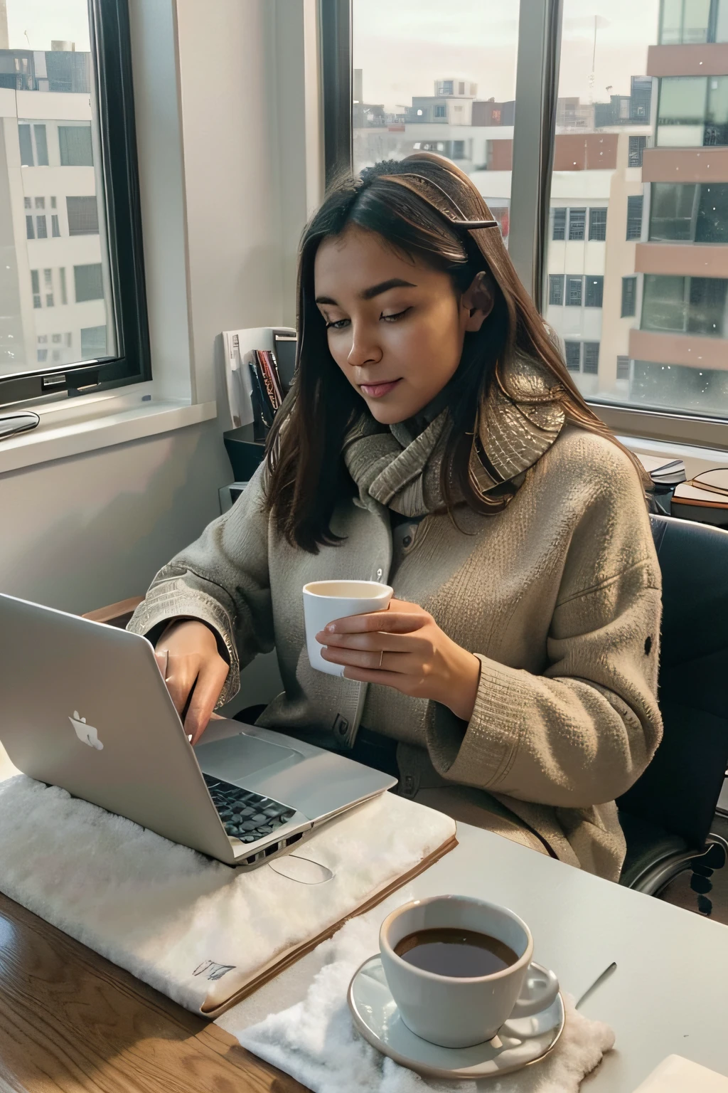 Woman sitting at a table with a laptop and a cup of coffee - SeaArt AI