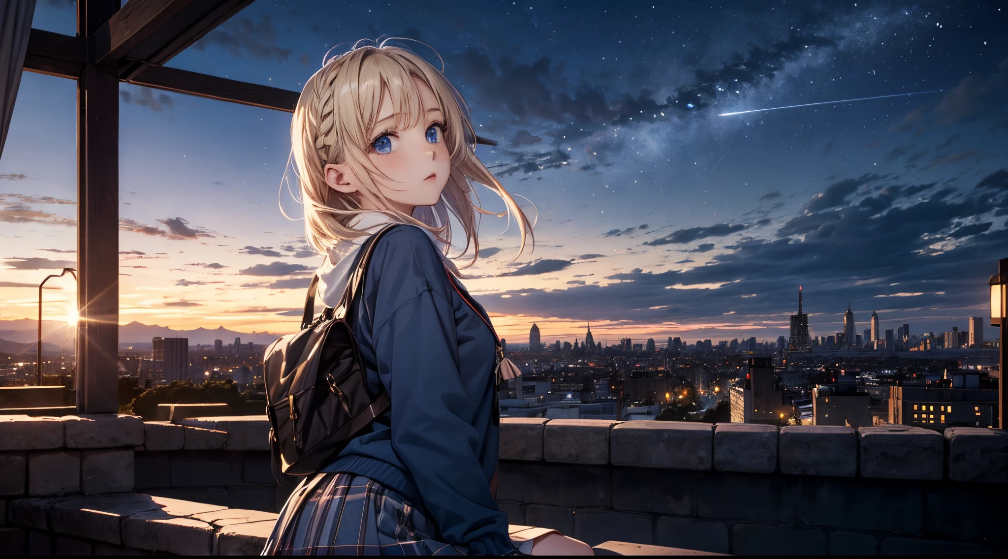 Anime girl standing on a roof looking at the sky - SeaArt AI