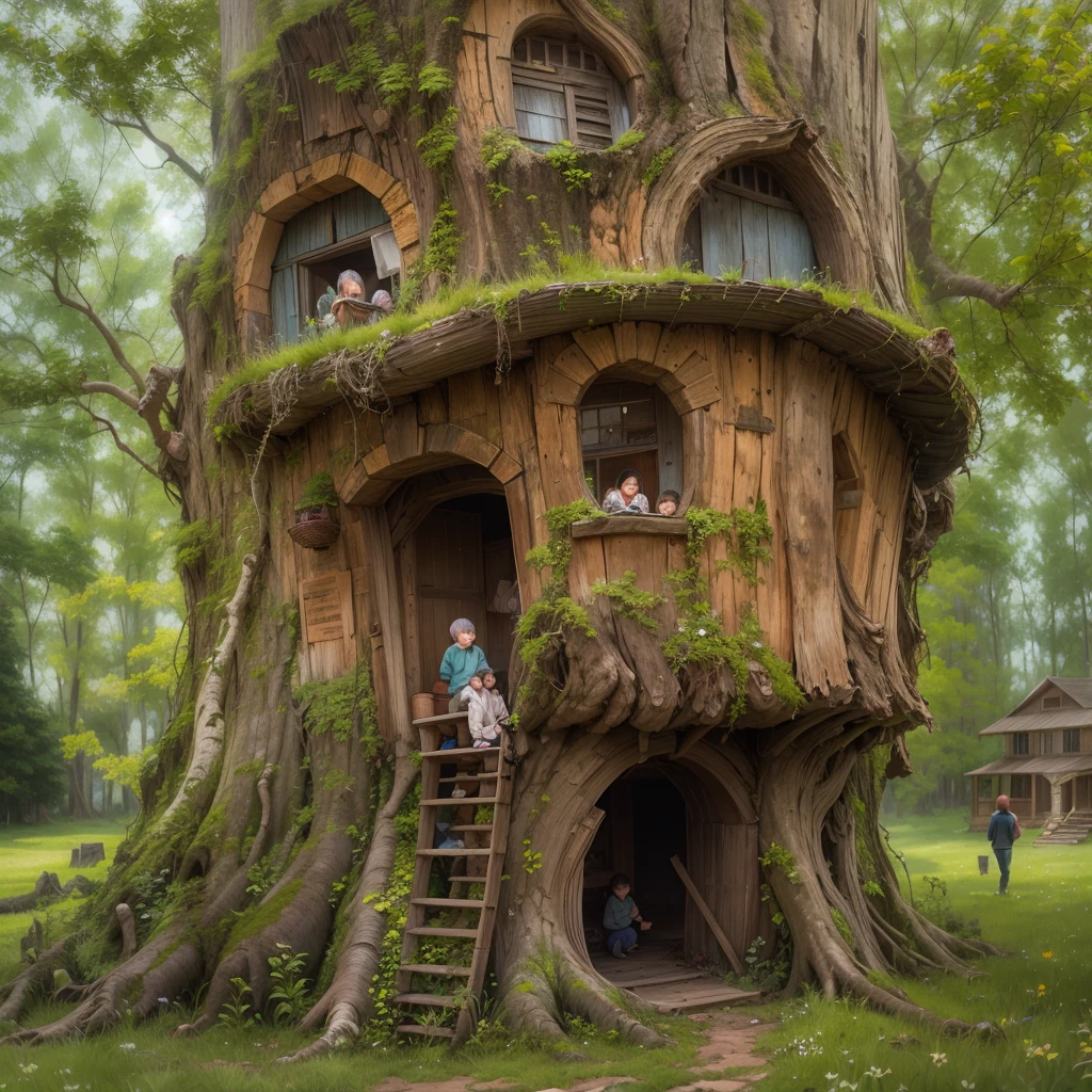 A tree stump with very small people living in it. stump with balcony ...