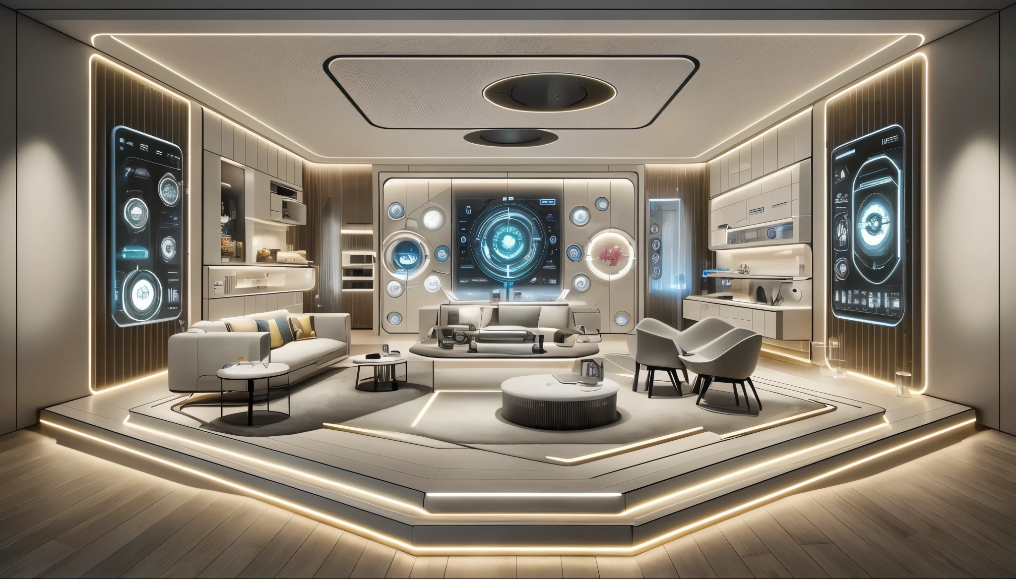 Arafed room with a futuristic design and a lot of furniture - SeaArt AI