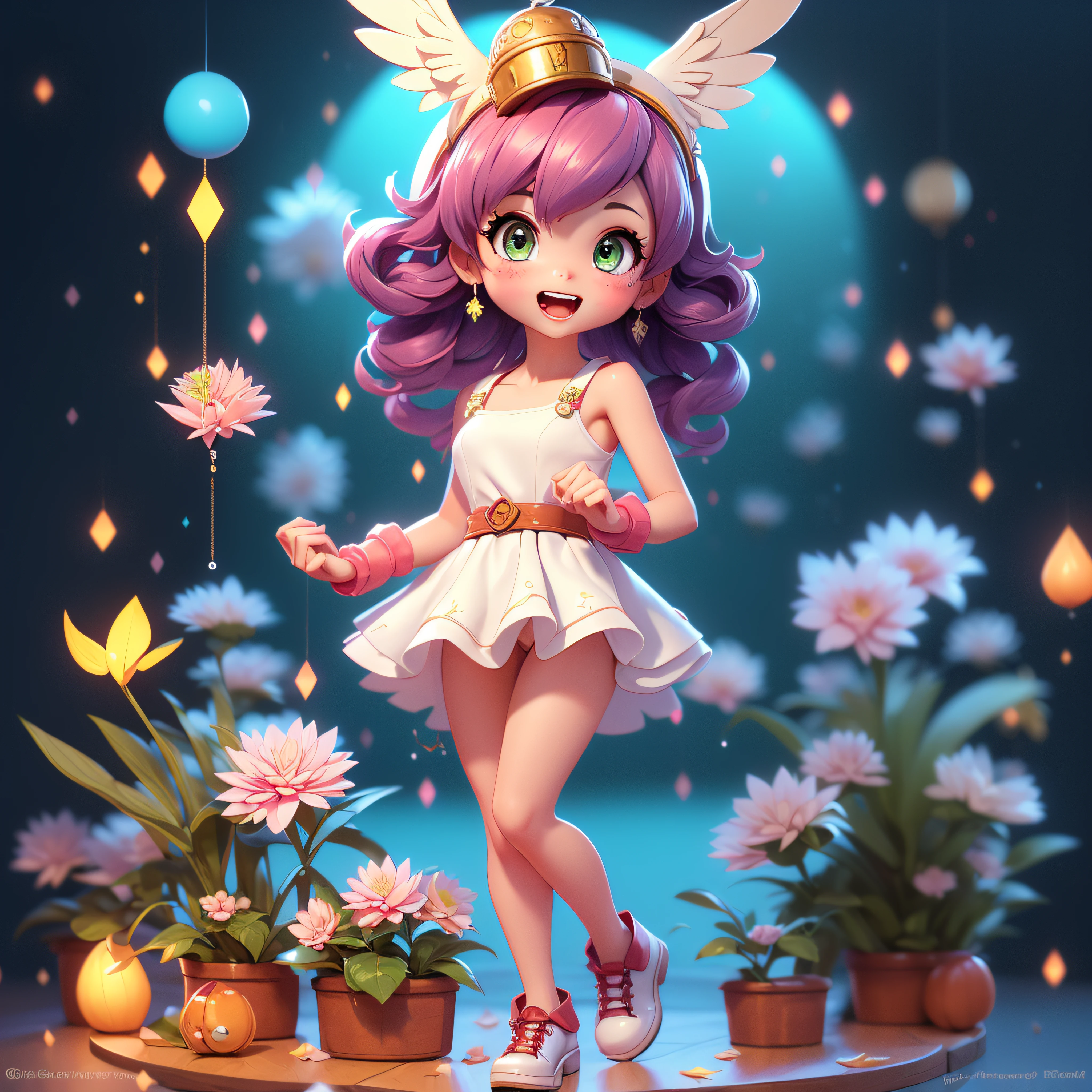 A cartoon girl with purple hair and wings standing in front of flowers ...