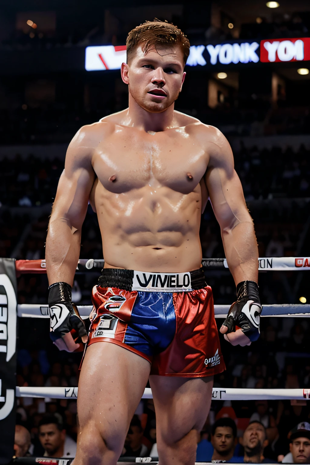 A close up of a man in a boxing ring with a referee - SeaArt AI