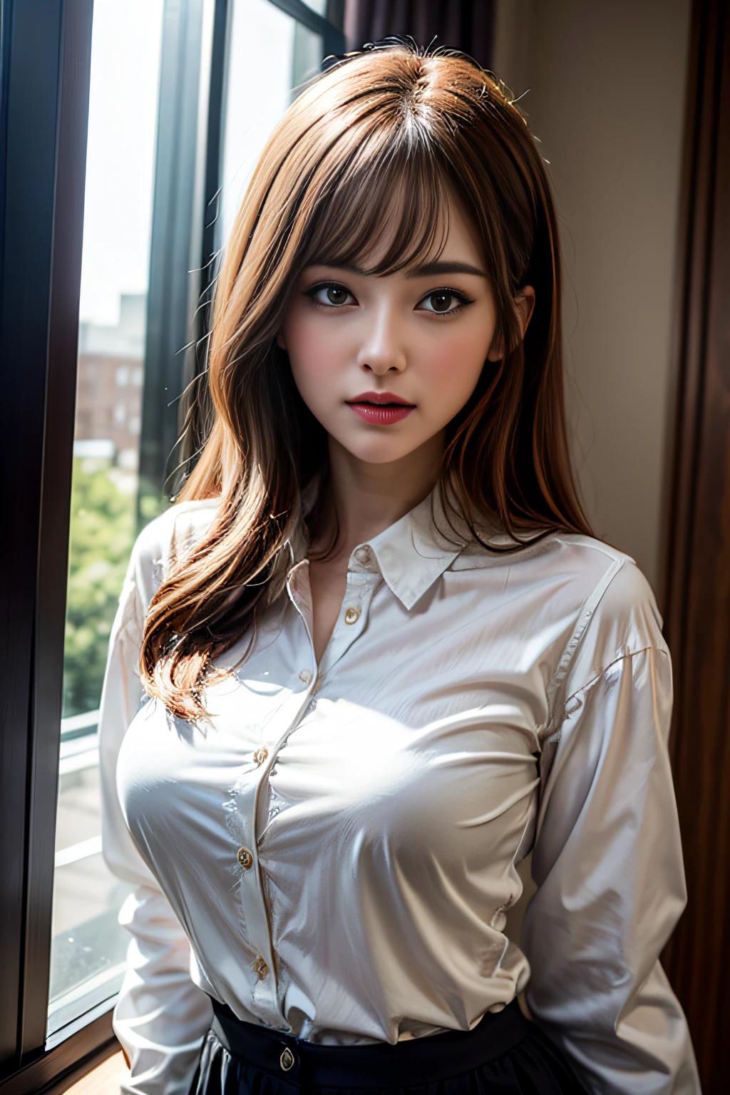 A close up of a woman standing near a window with a white shirt - SeaArt AI