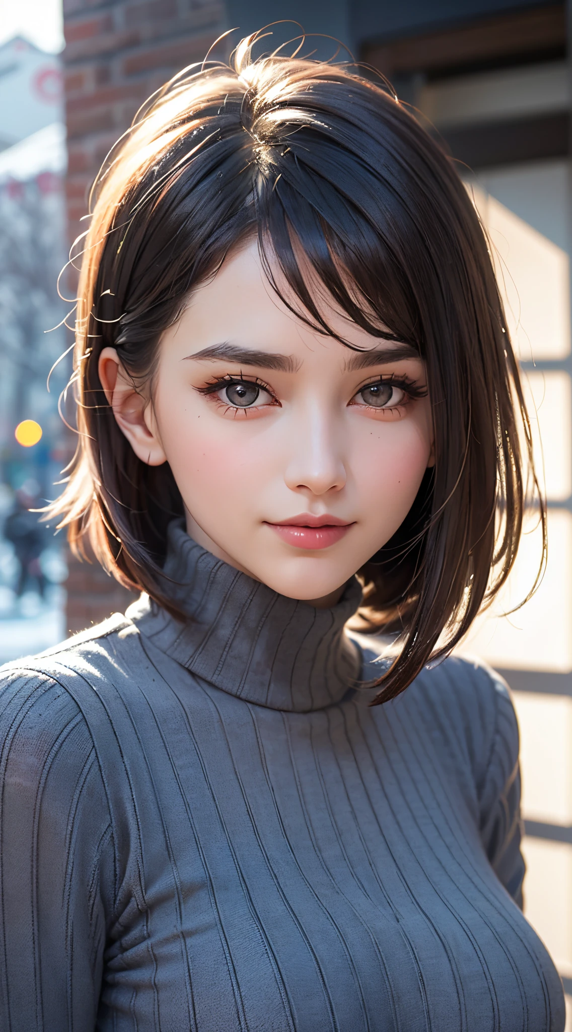 A close up of a woman with a short hair and a turtle neck - SeaArt AI
