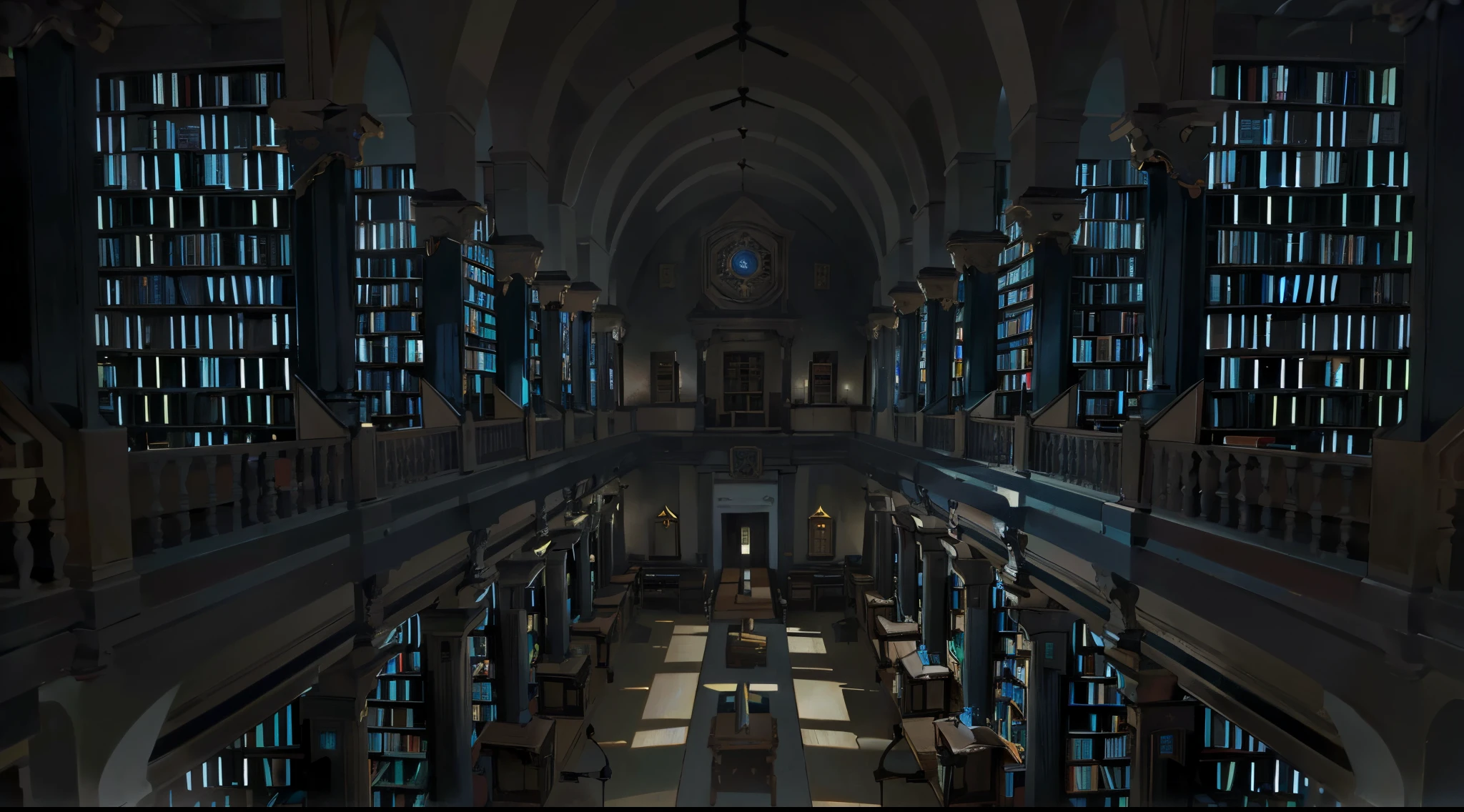 A dimly lit library with a lot of books on the shelves - SeaArt AI