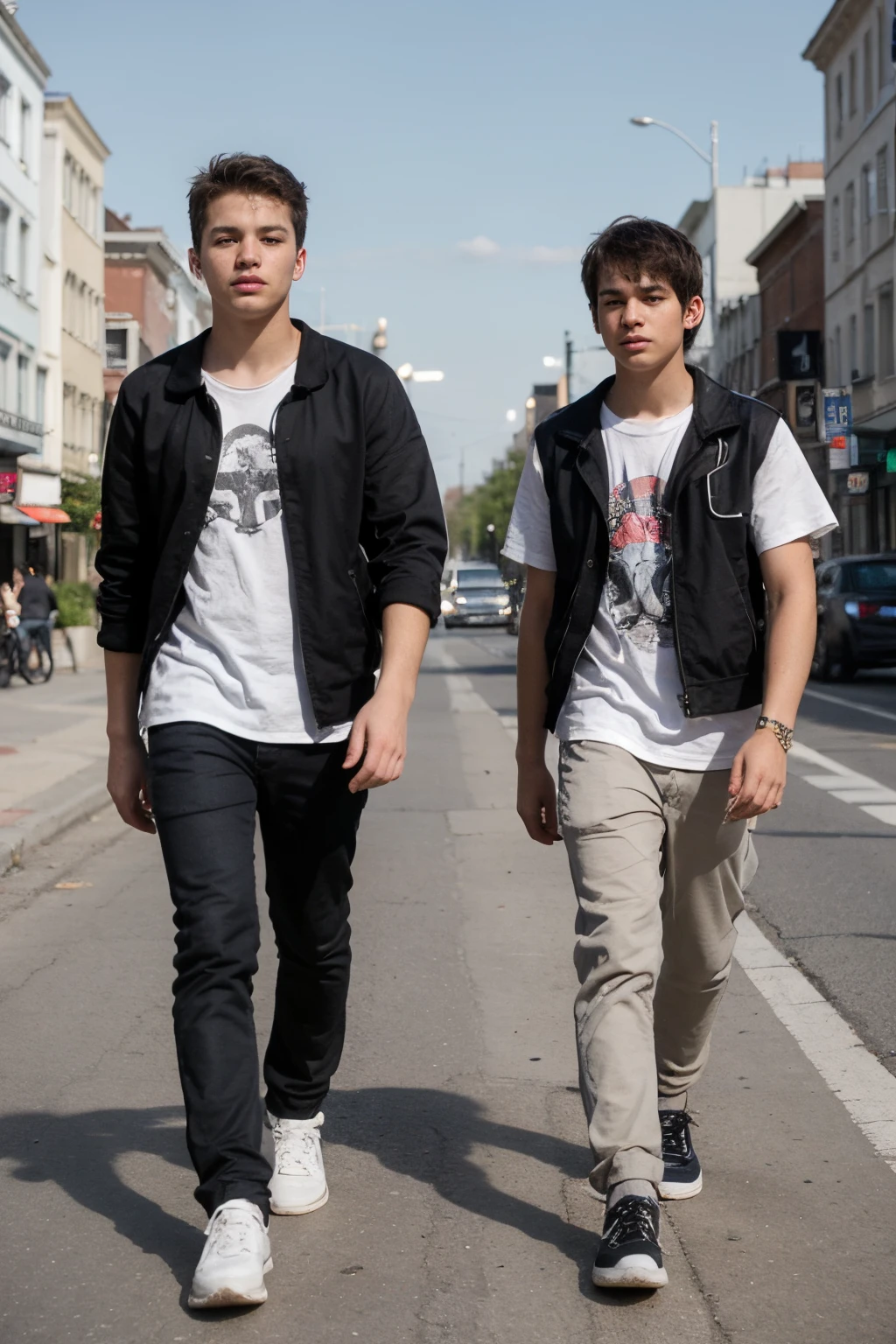 Two young men walking down a street in a city - SeaArt AI
