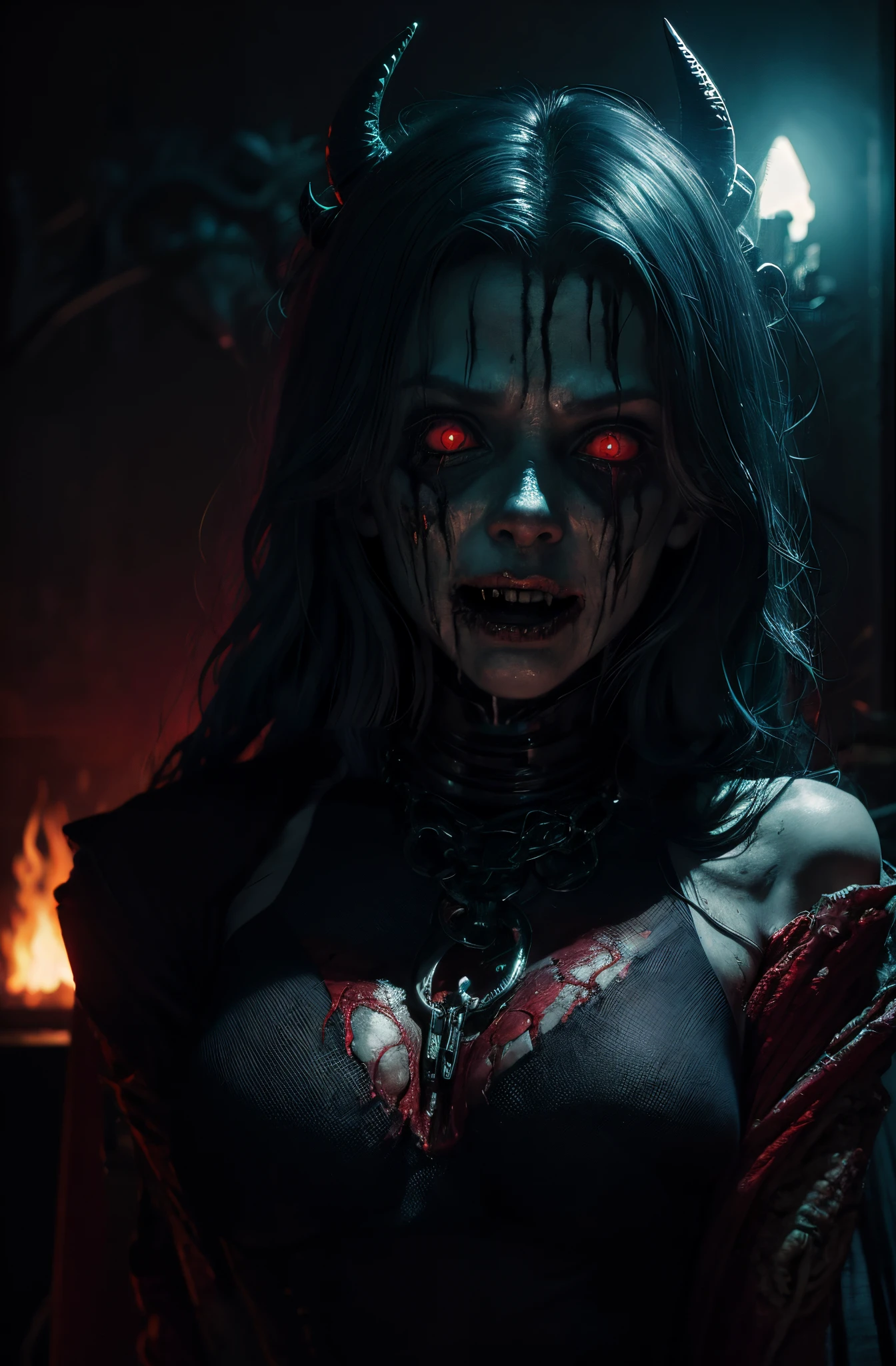 A woman dressed as a demon with horns and blood on her face - SeaArt AI