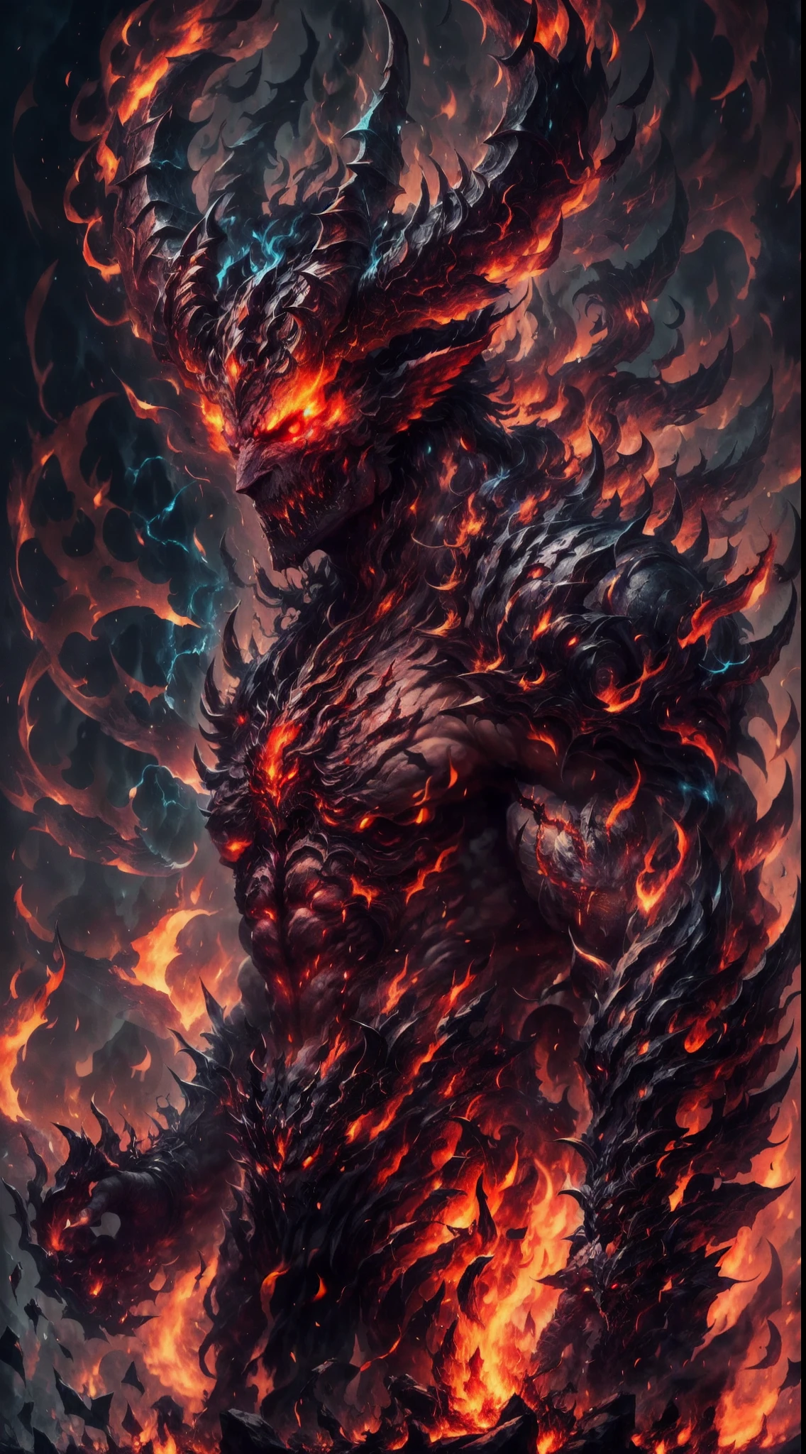 Una criatura demoníaca con fuego y llamas en su espalda. - SeaArt AI