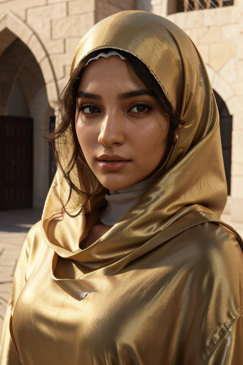 Arafed woman in a gold scarf and a gold jacket - SeaArt AI