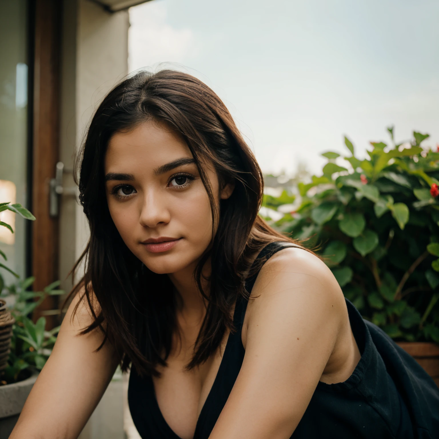 There is a woman sitting on a bench with a plant in the background - SeaArt AI