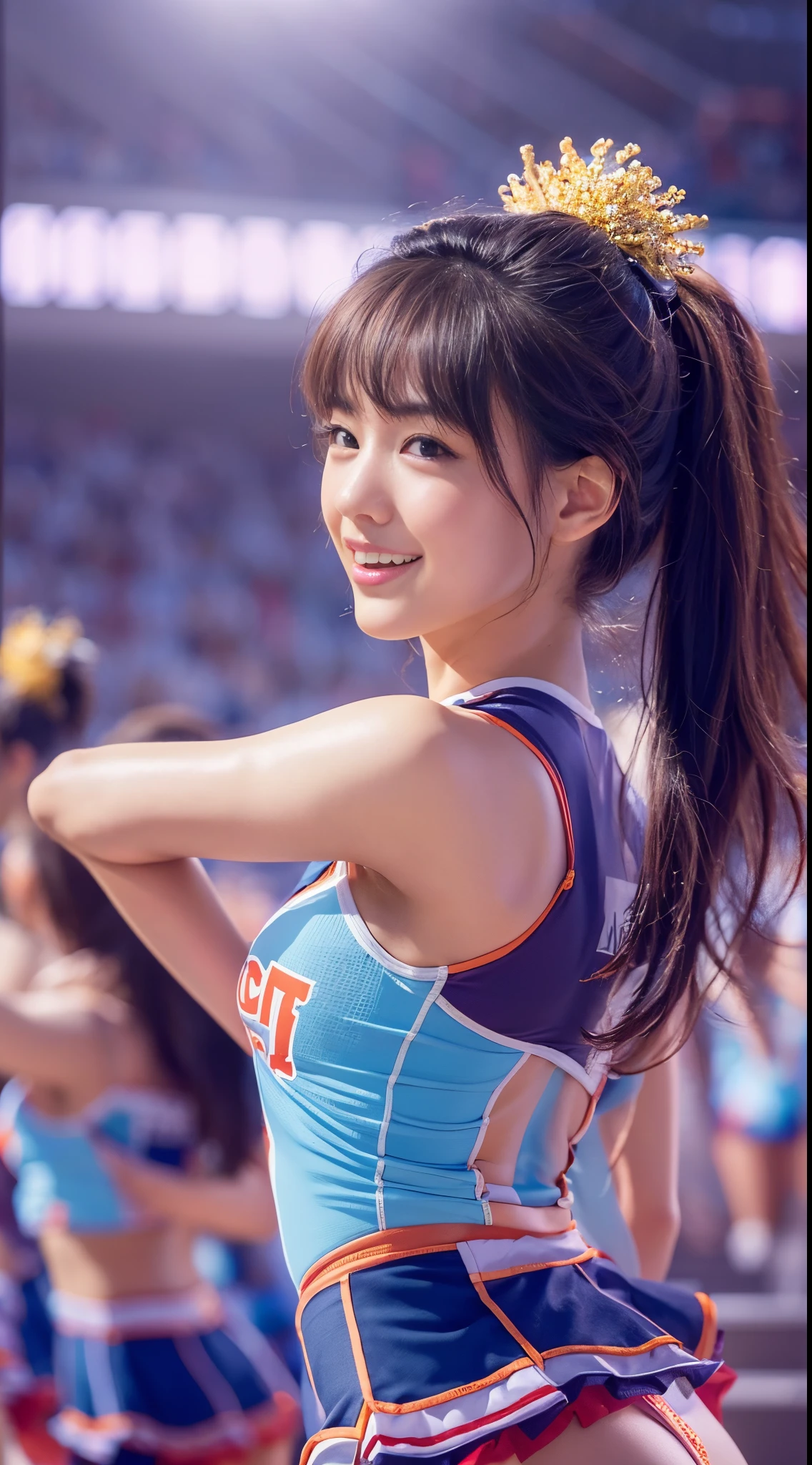 A close up of a woman in a cheerleader outfit posing for a picture ...