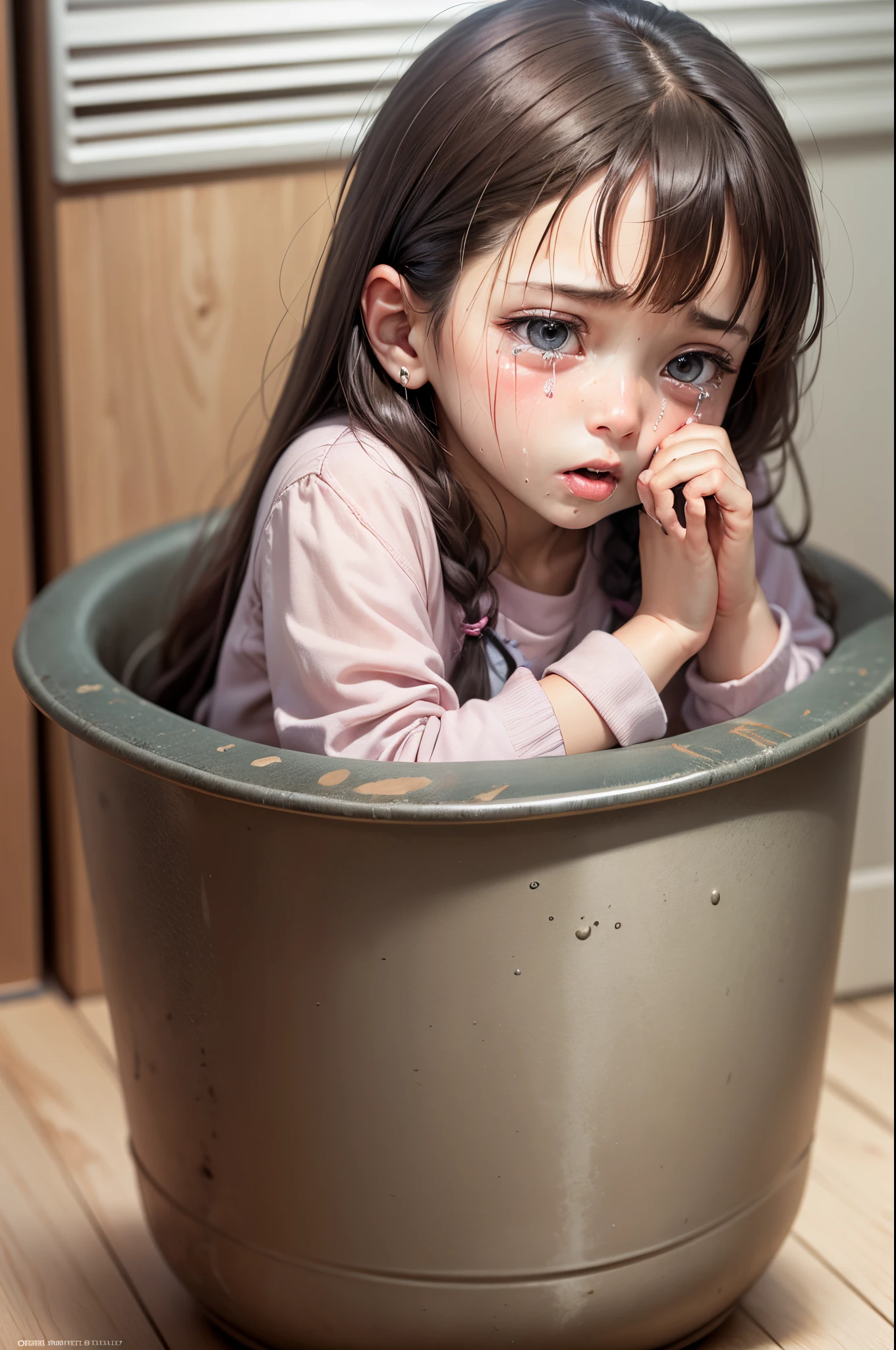 There is a young girl sitting in a pot on the floor - SeaArt AI