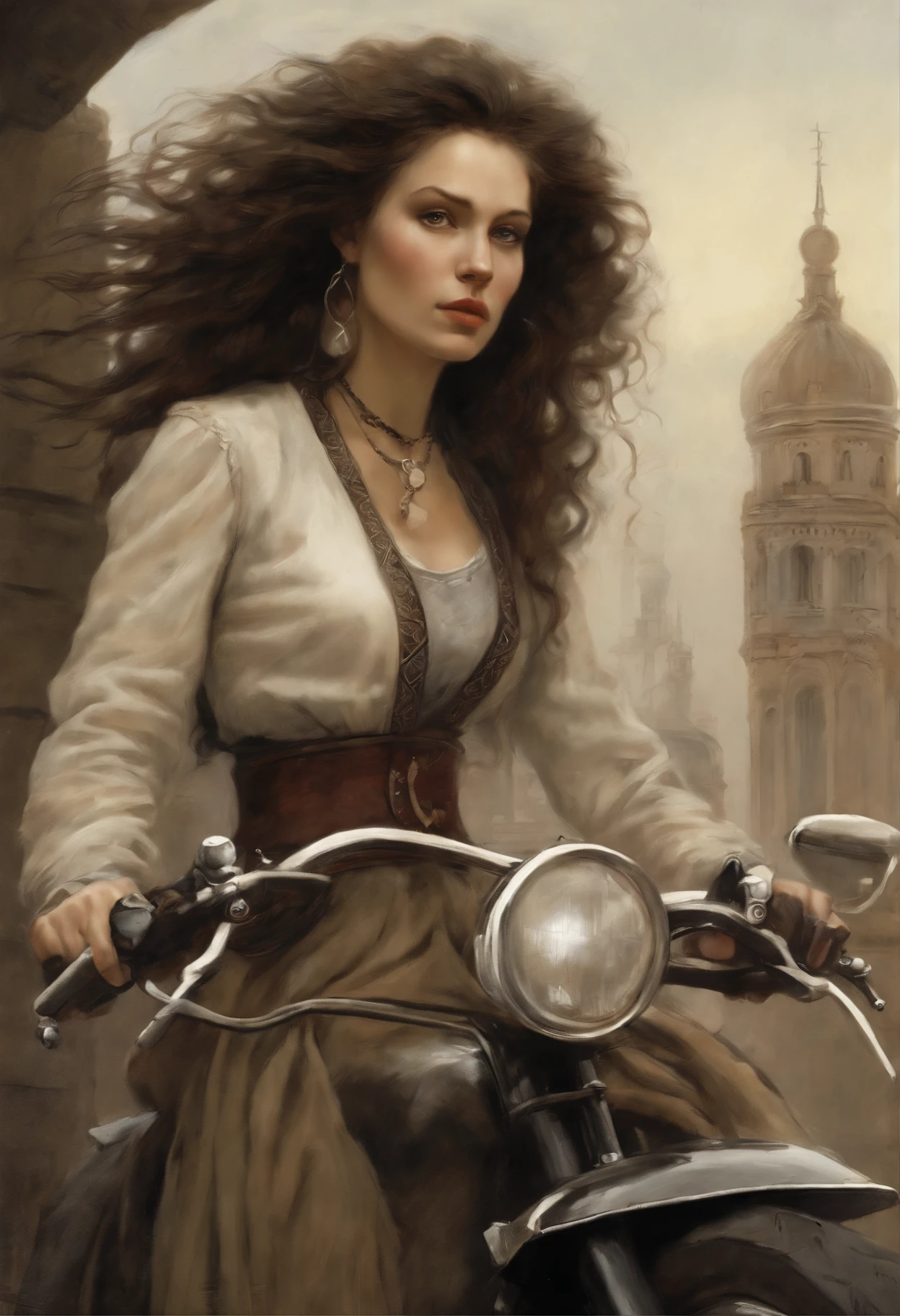 Painting of a woman riding a motorcycle in a city - SeaArt AI
