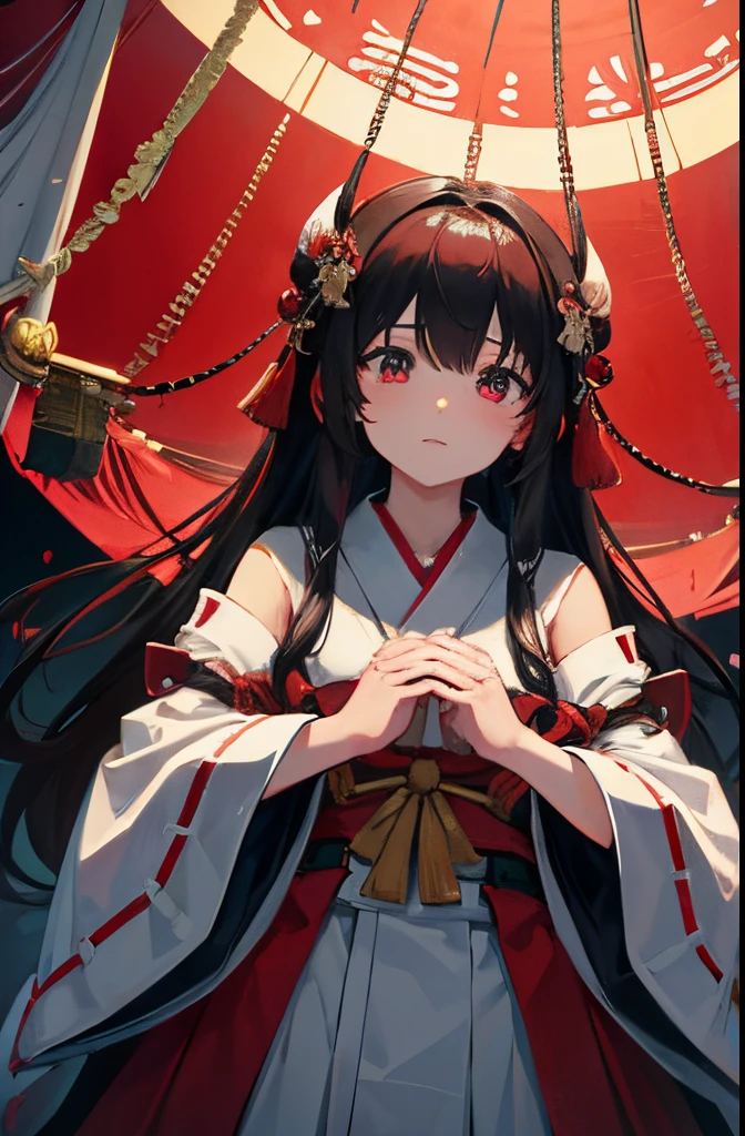 Anime girl in kimono outfit holding an umbrella with a red background ...