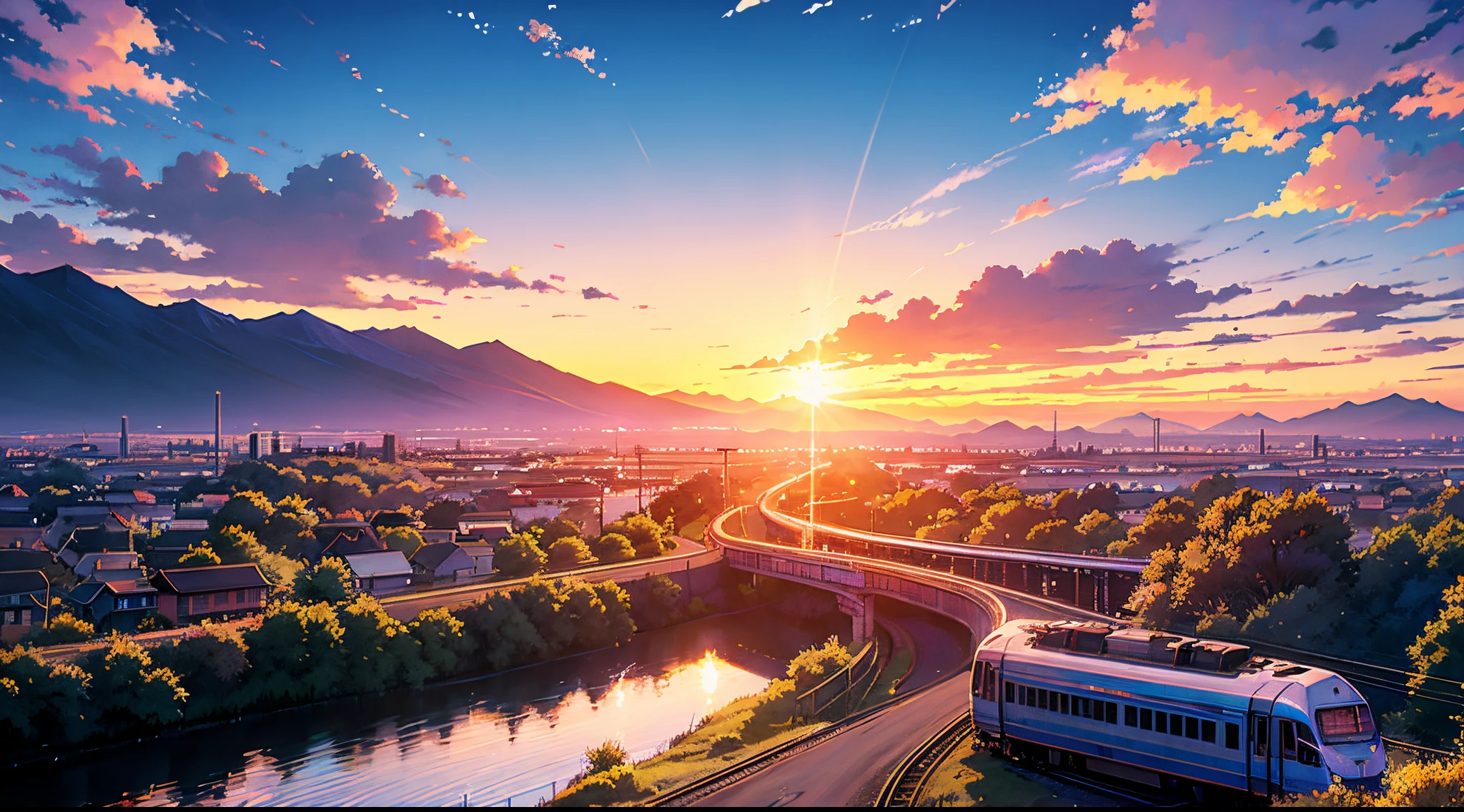 Sunset over a train track with a river and mountains in the background ...