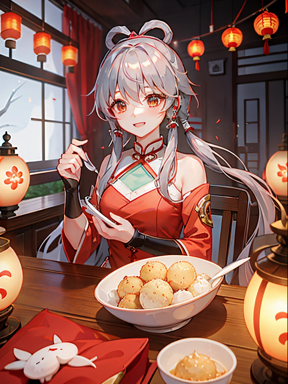 Anime girl eating a bowl of food at a table with a lamp - SeaArt AI