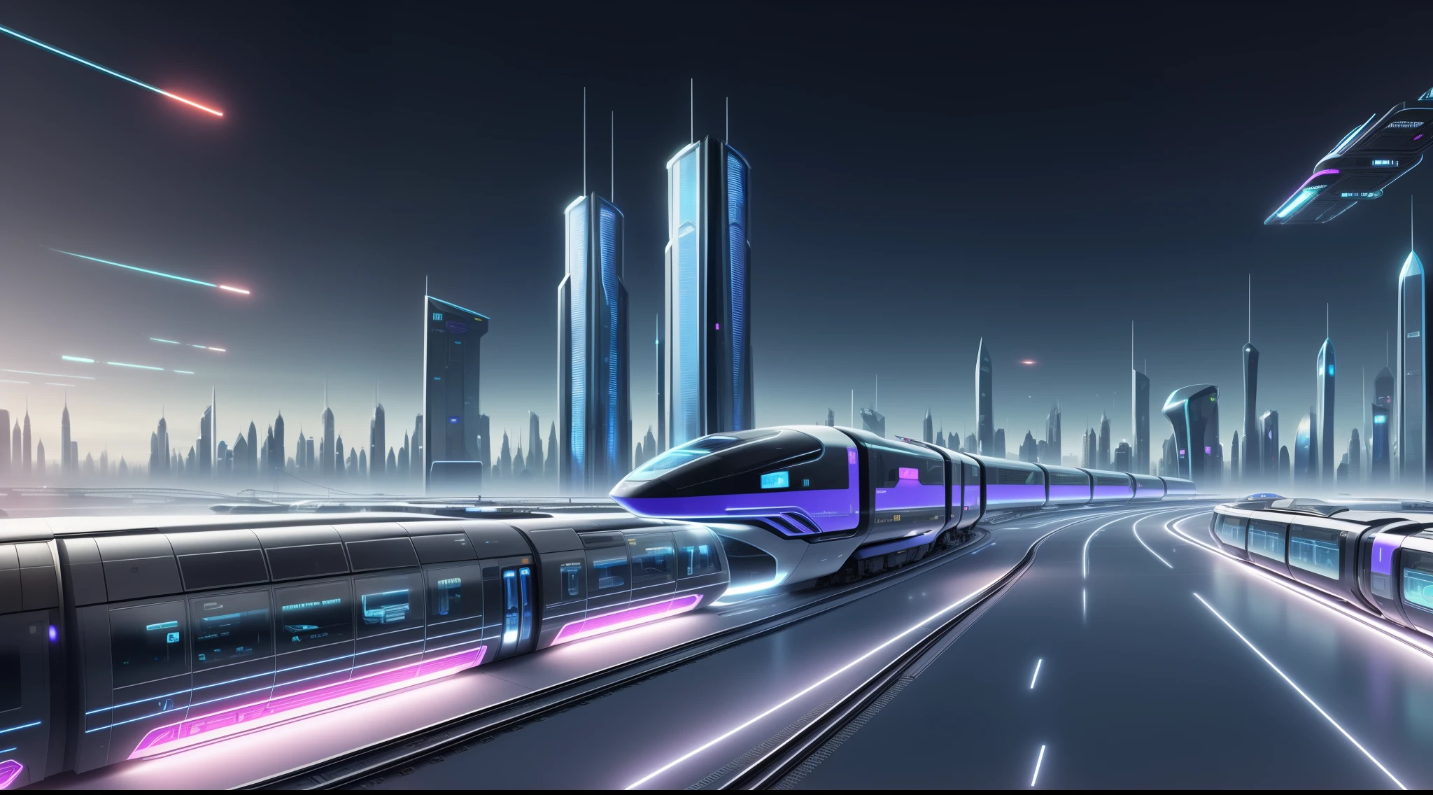 Futuristic city with a train and futuristic skyscrapers in the ...