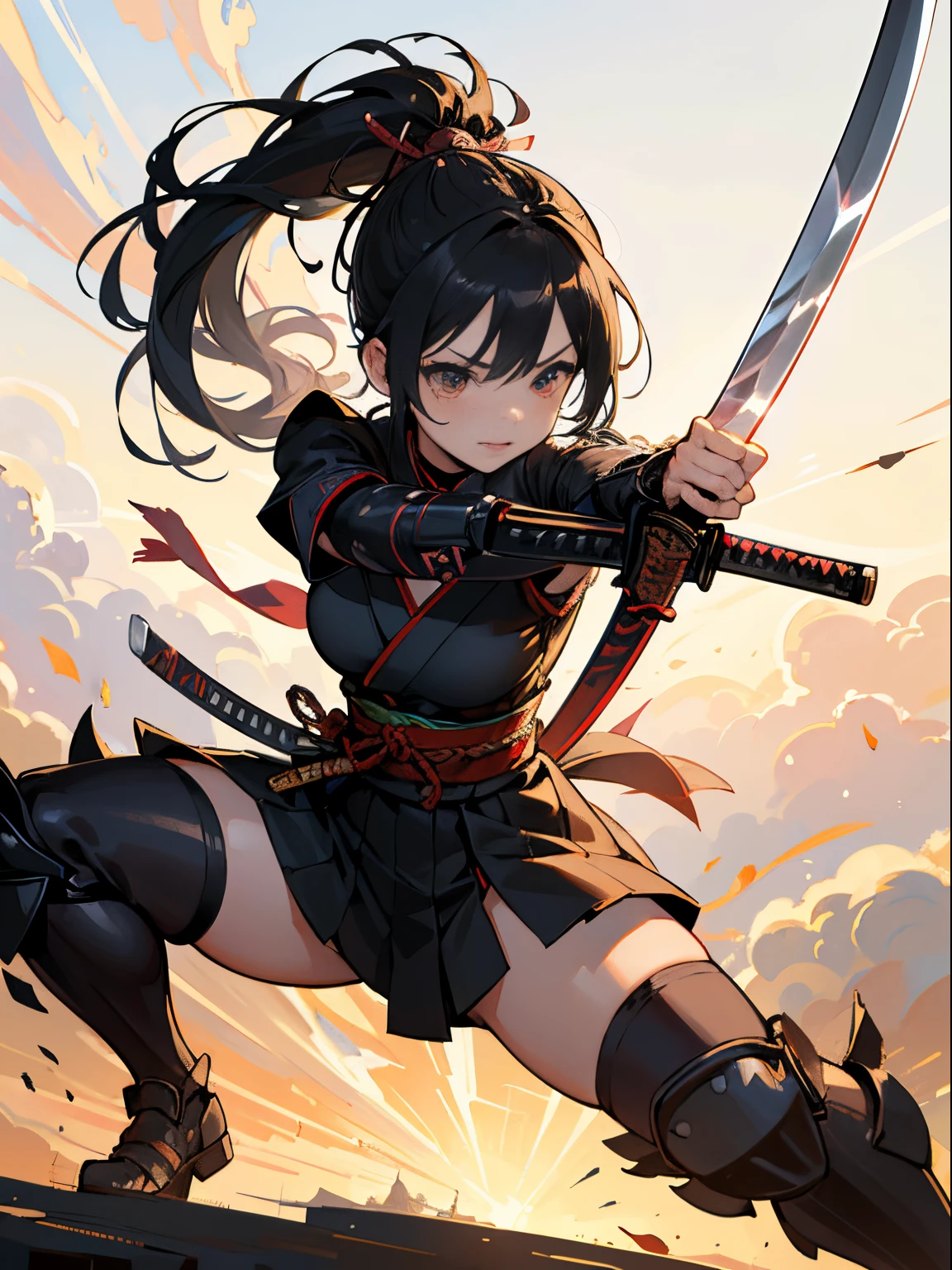 A woman in a black outfit holding a sword and a sword - SeaArt AI