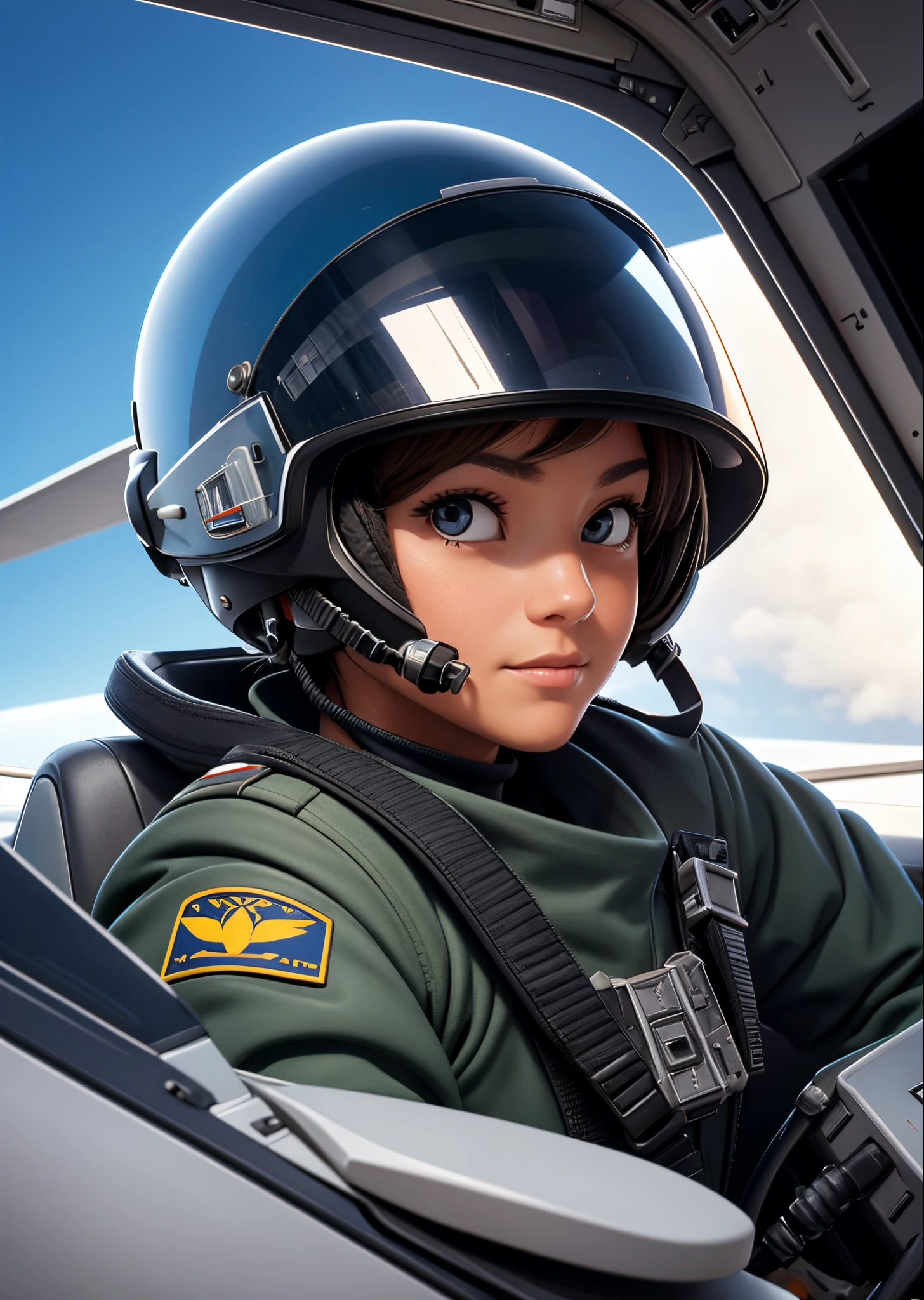 A close up of a person in a helicopter with a helmet on - SeaArt AI