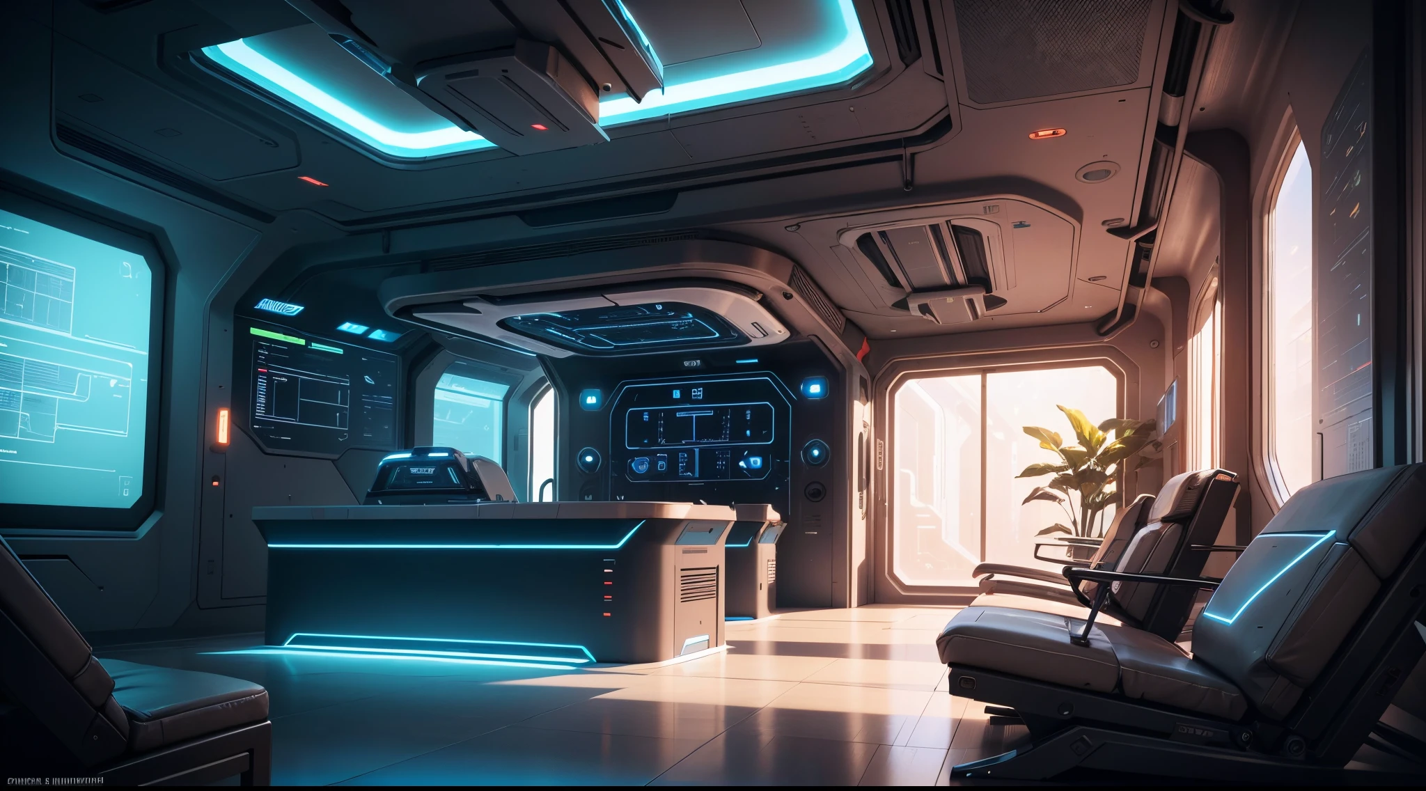 Spaceship interior with a desk and chairs and a large screen - SeaArt AI