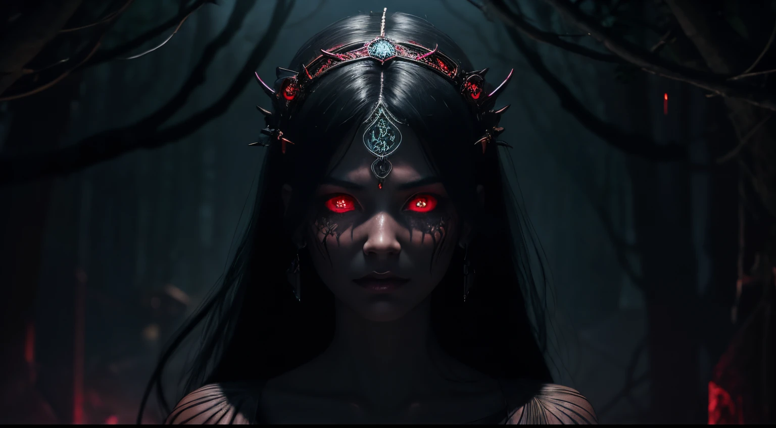A woman with red eyes and a crown on her head - SeaArt AI