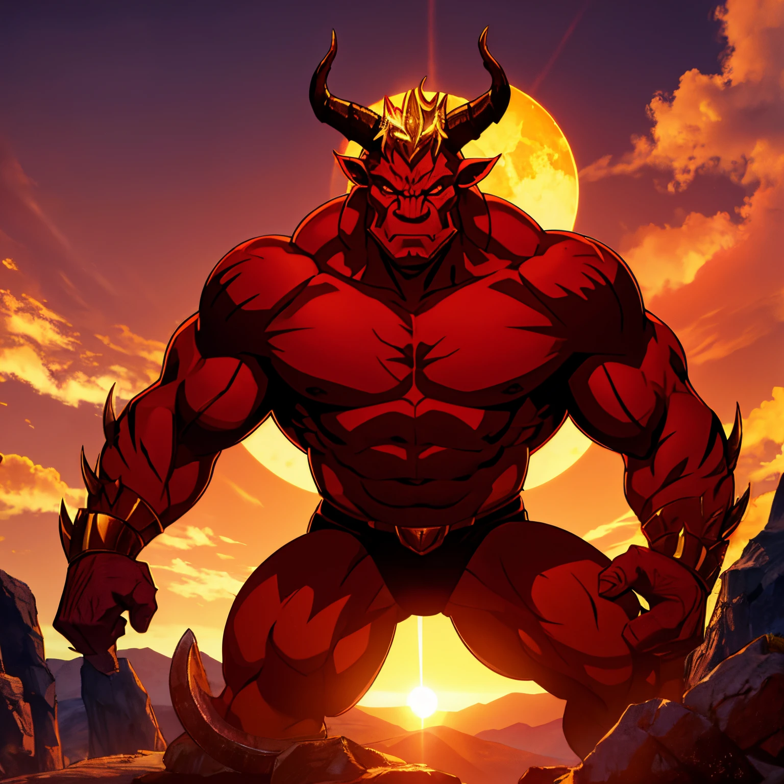 A close up of a red demon standing on a rock - SeaArt AI