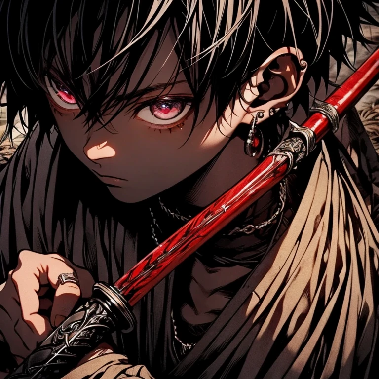 A dark skinned boy, with a red iris, aged six years, short kid - SeaArt AI