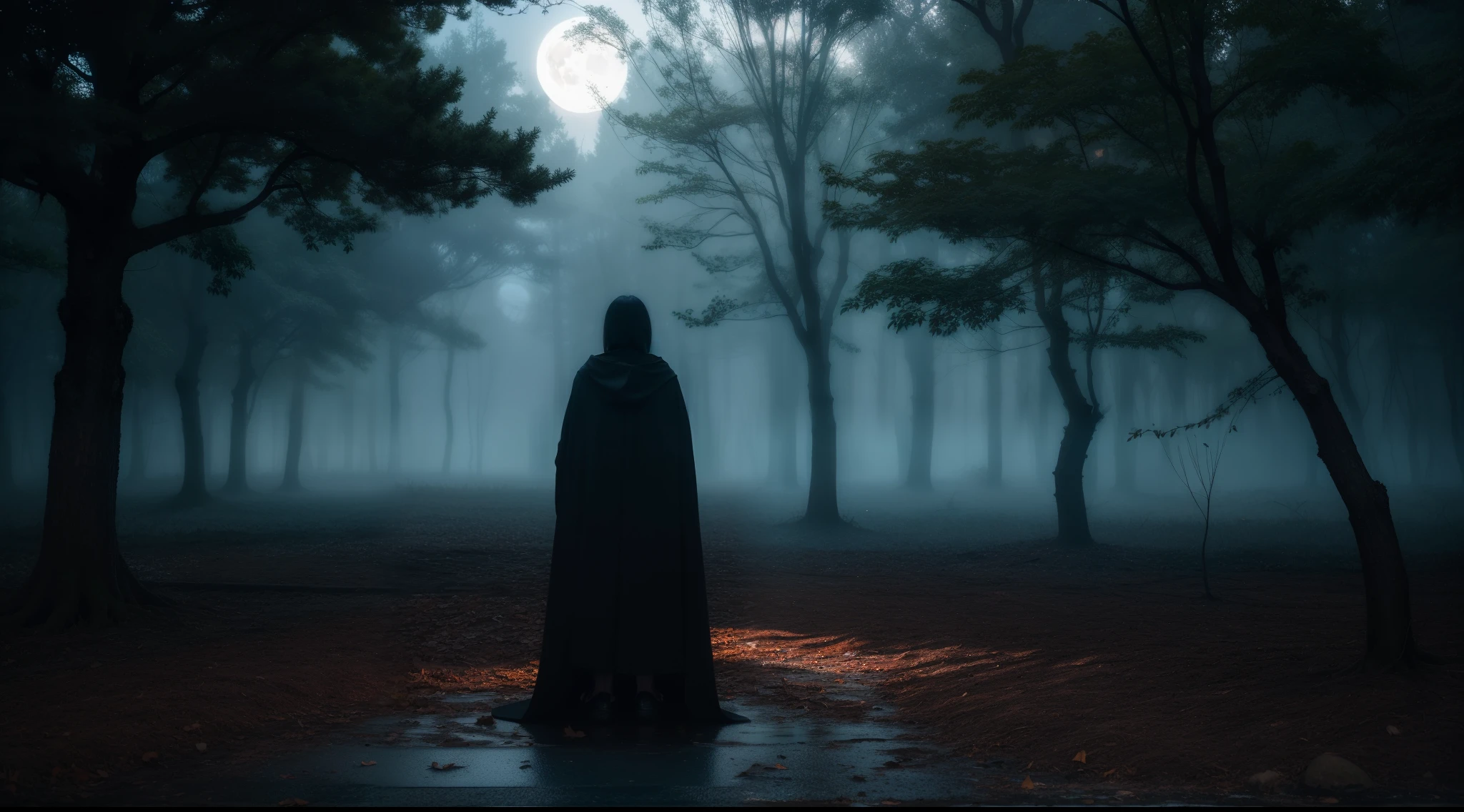 A person in a cloak standing in a forest at night - SeaArt AI