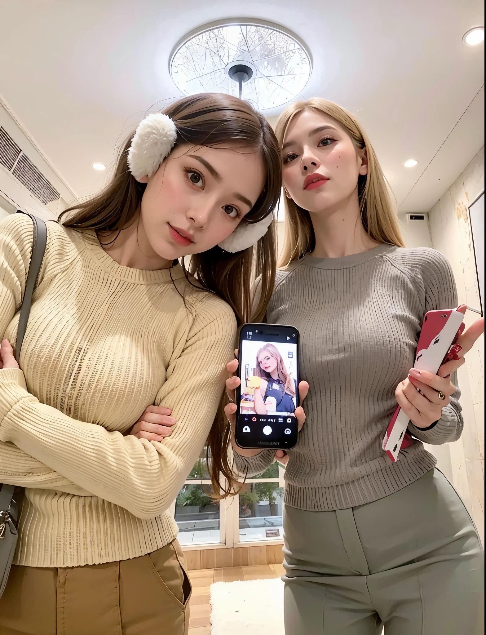 Two Women In Sweaters And Ear Muffs Taking A Selfie Seaart Ai