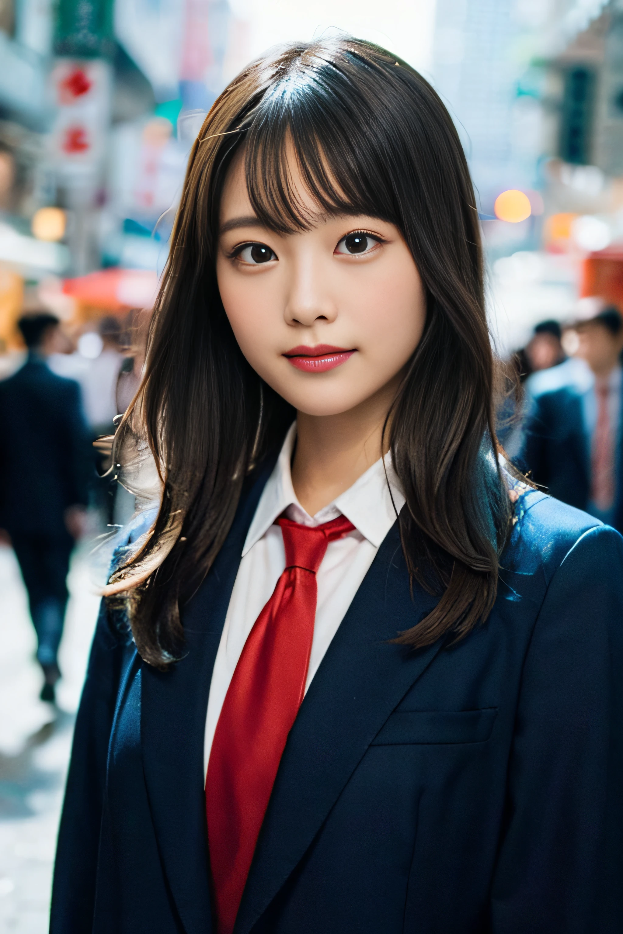 Arafed asian woman in a suit and red tie standing in a busy city street ...
