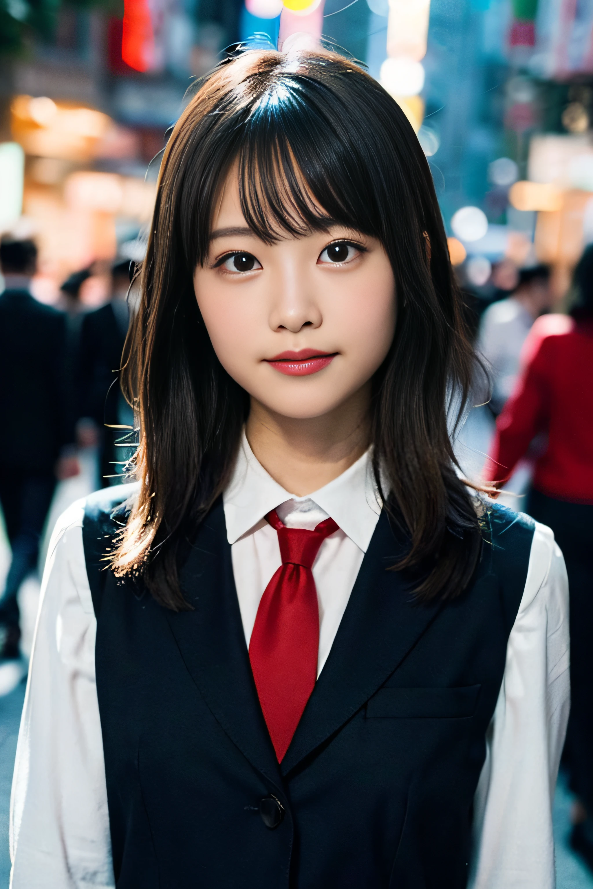 There is a woman in a suit and tie standing in a crowded street - SeaArt AI