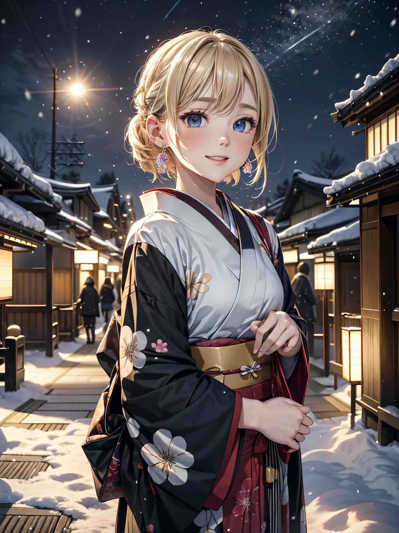 A woman in a kimono outfit standing in a snowy alley - SeaArt AI