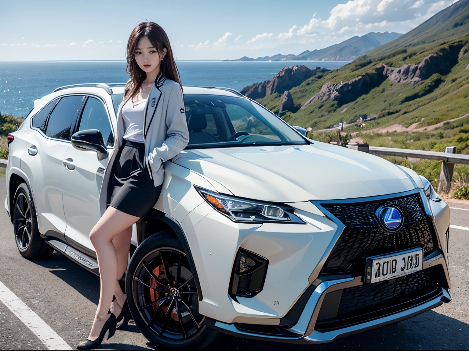 A woman in a skirt leaning on a car on a road - SeaArt AI