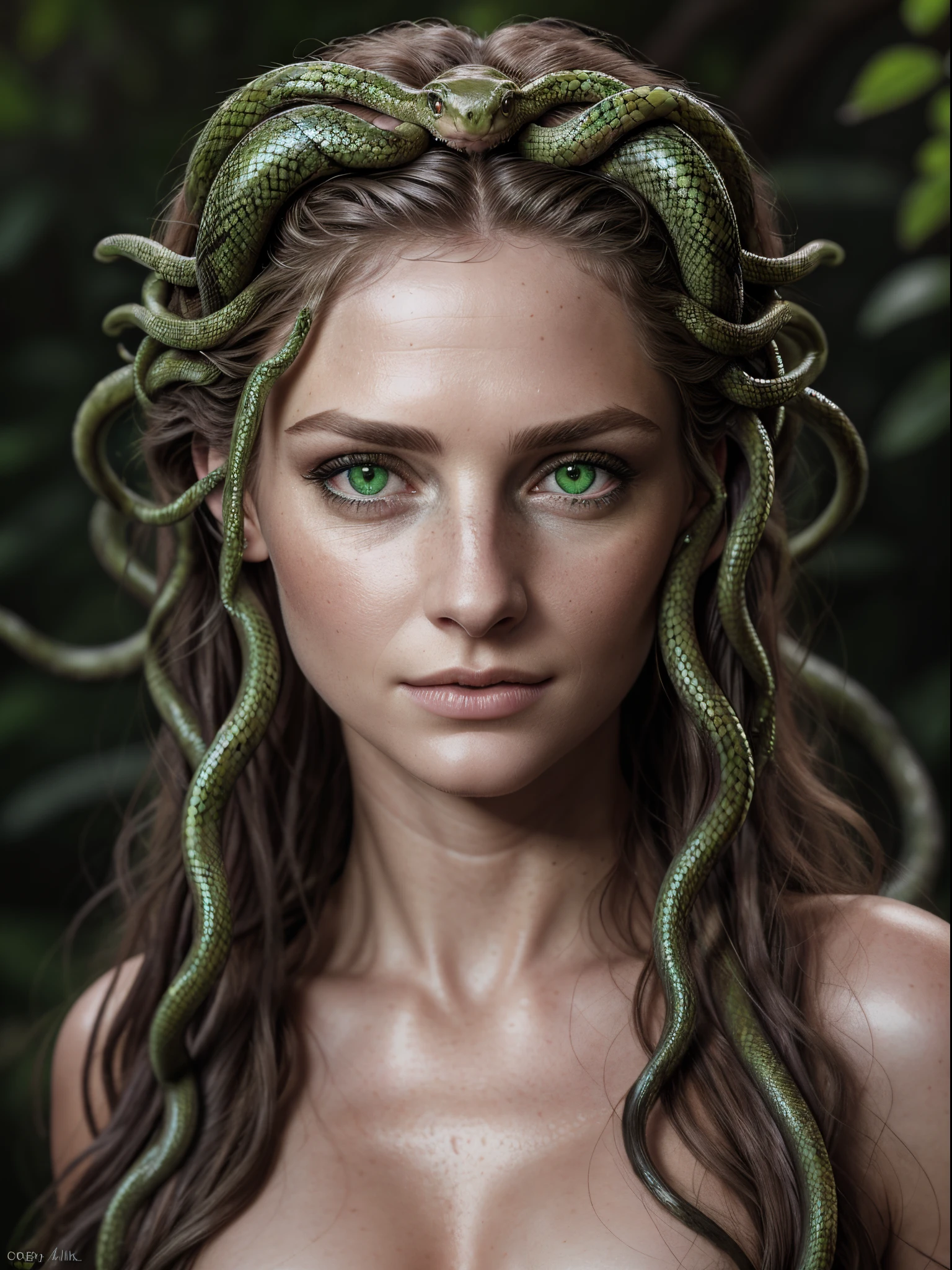 A woman with a snake head and green eyes - SeaArt AI