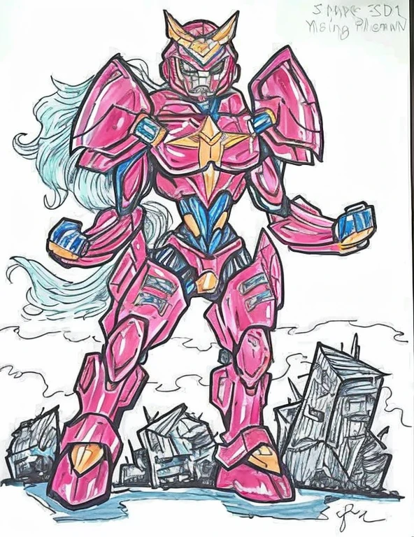 A drawing of a pink robot with a blue tail and a yellow helmet - SeaArt AI