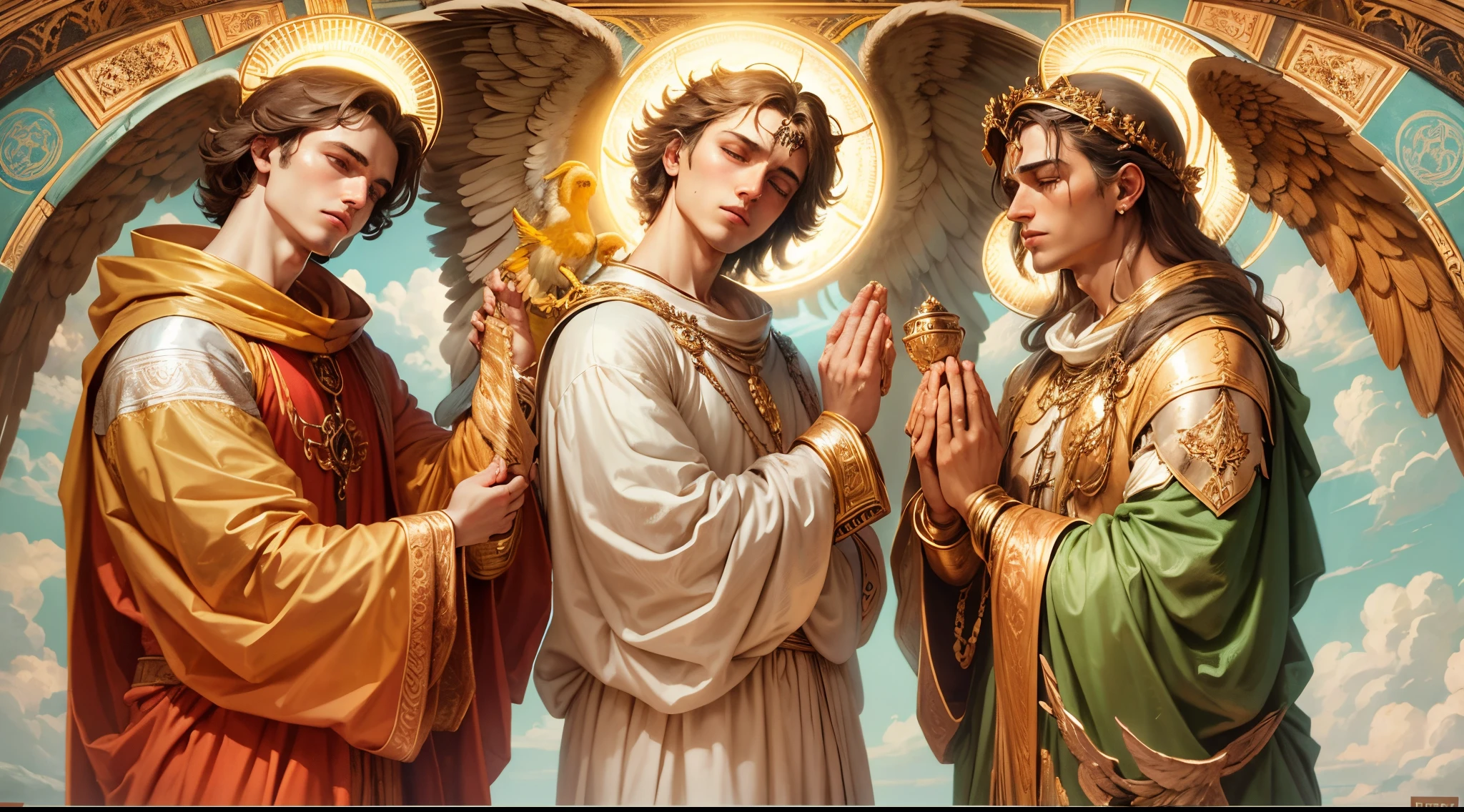 Três anjos com as mãos juntas em oração - SeaArt AI