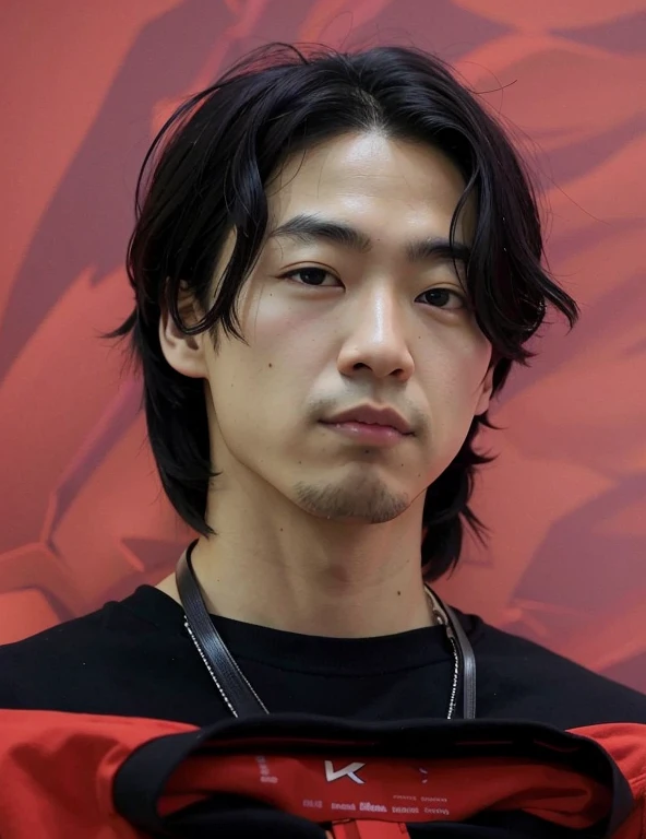 Arafed asian man with a red jacket and a black shirt, Kazuya Takahashi ...
