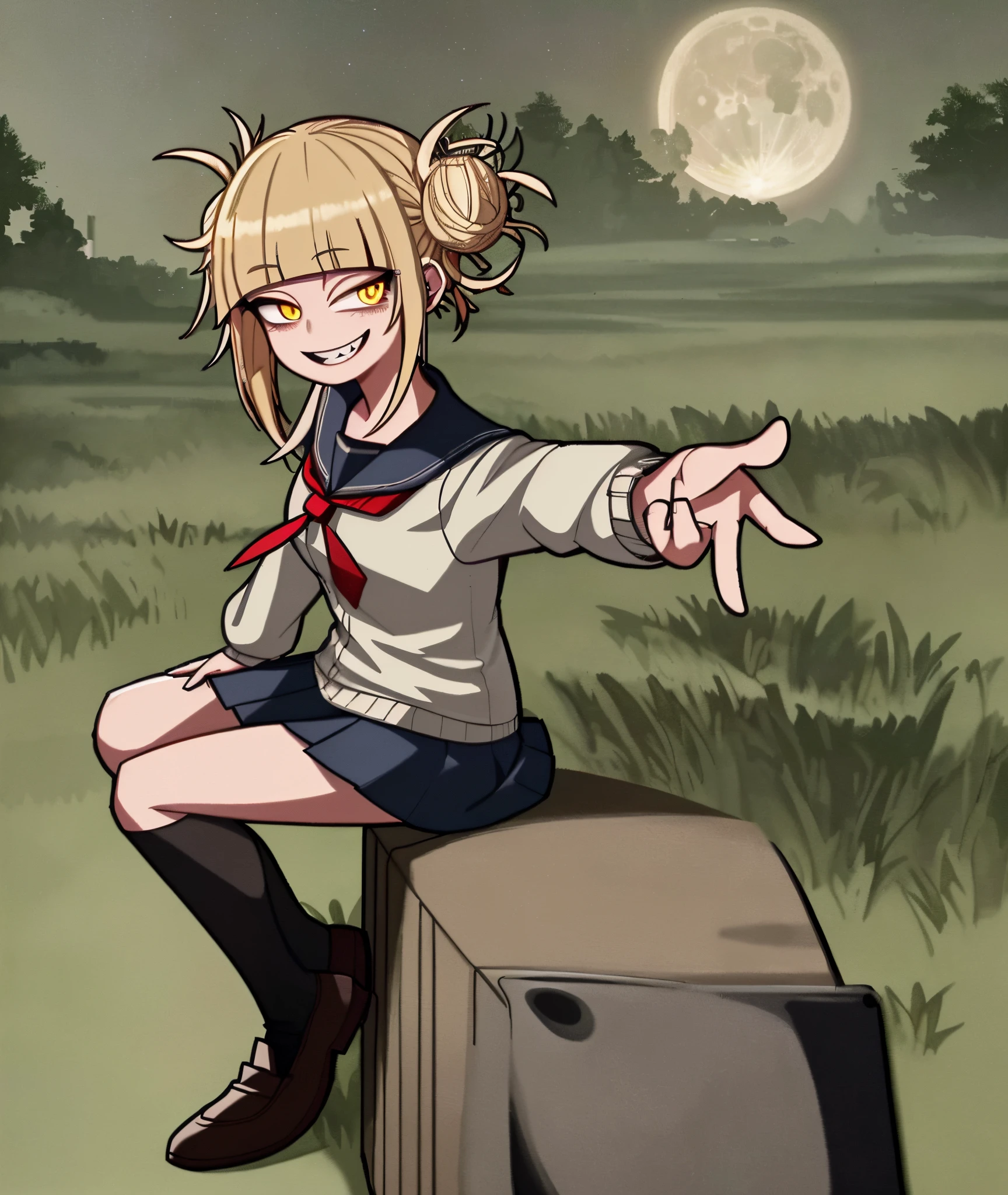 Anime girl sitting on a box pointing at the moon - SeaArt AI