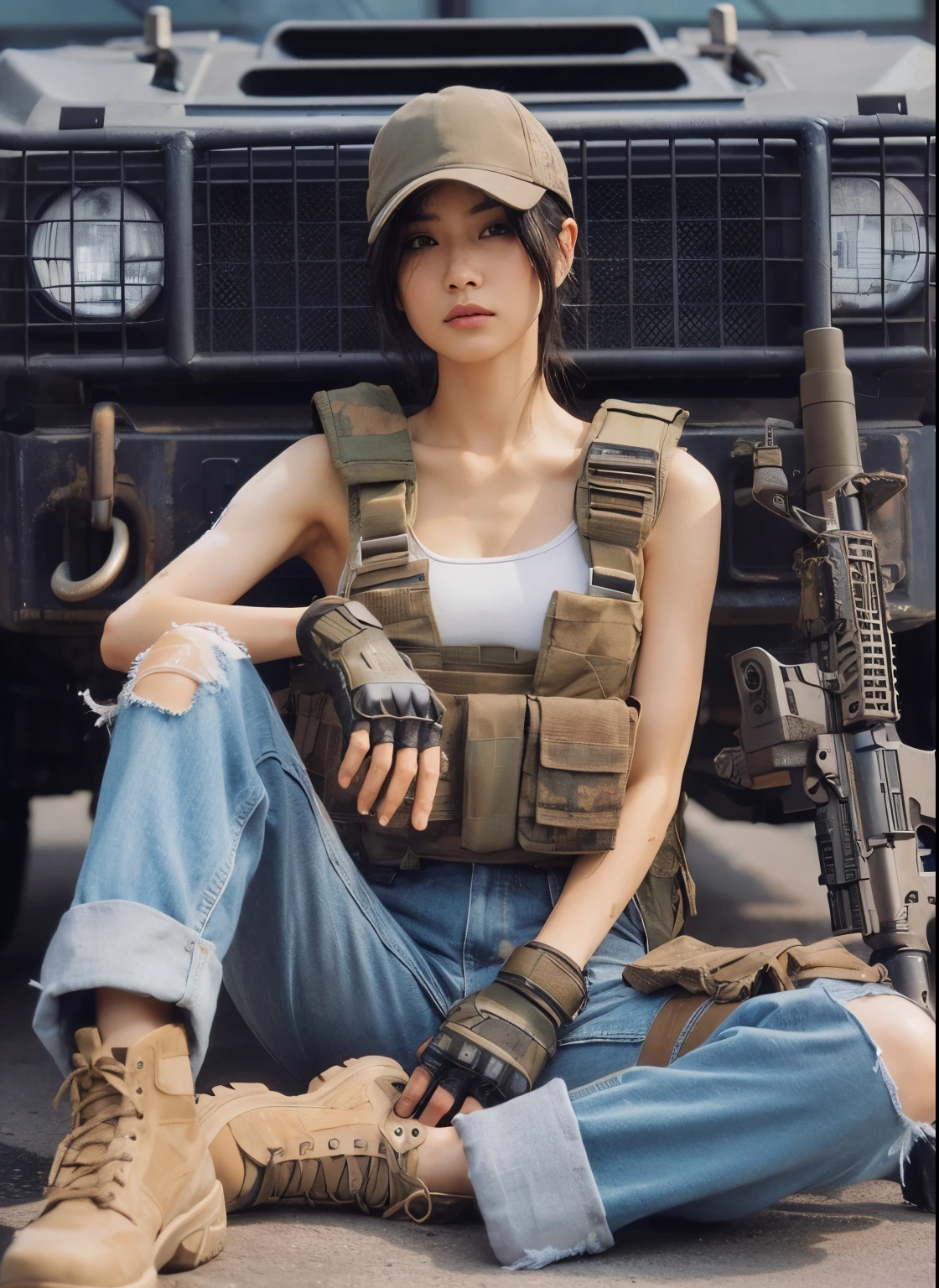 Arafed woman sitting on the ground with a gun and a rifle - SeaArt AI